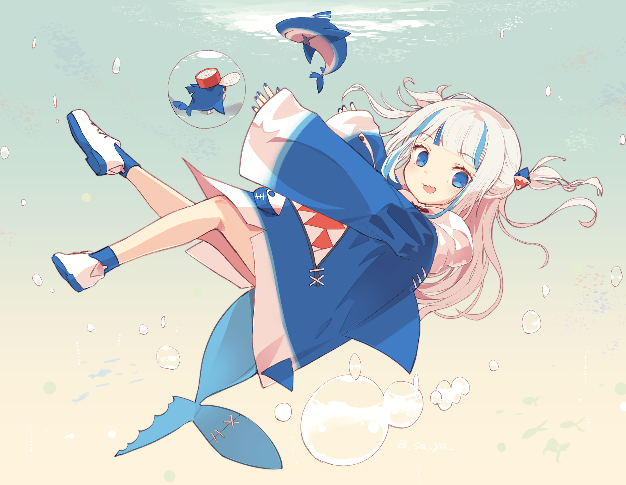 Safebooru - 1girl :d air bubble animal bloop (gawr gura) blue eyes blue hair blue hoodie blue ...