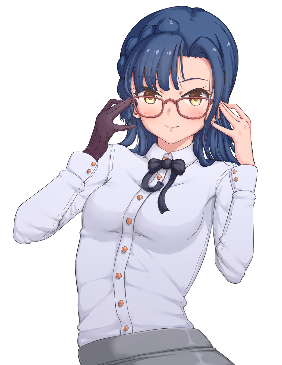 Safebooru - 1girl adjusting eyewear bangs bespectacled blue hair blush bow bowtie braid breasts ...