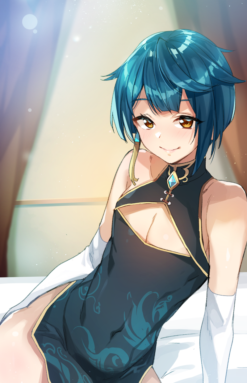 Safebooru - 1boy bangs bed blue dress blue hair brown eyes china dress chinese clothes cleavage ...