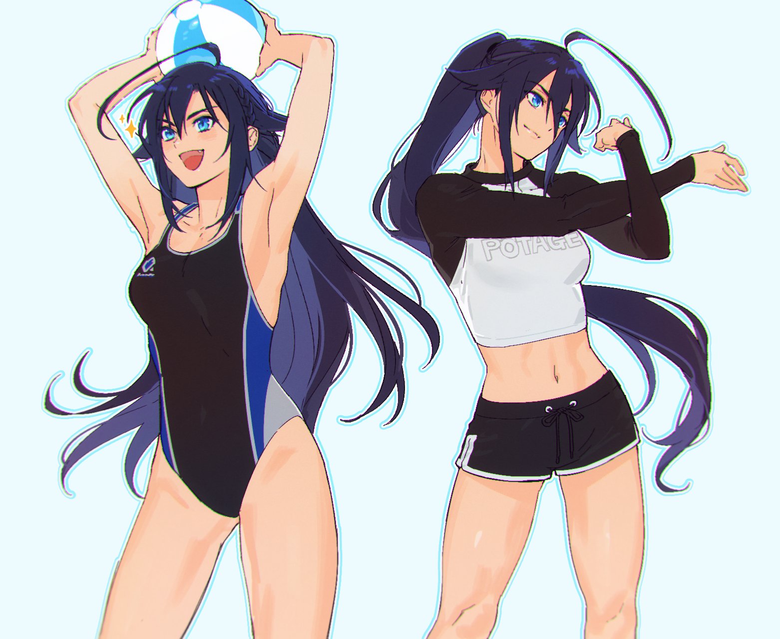 Safebooru - 2girls ahoge armpits ball beachball blue eyes blue hair competition swimsuit hair ...