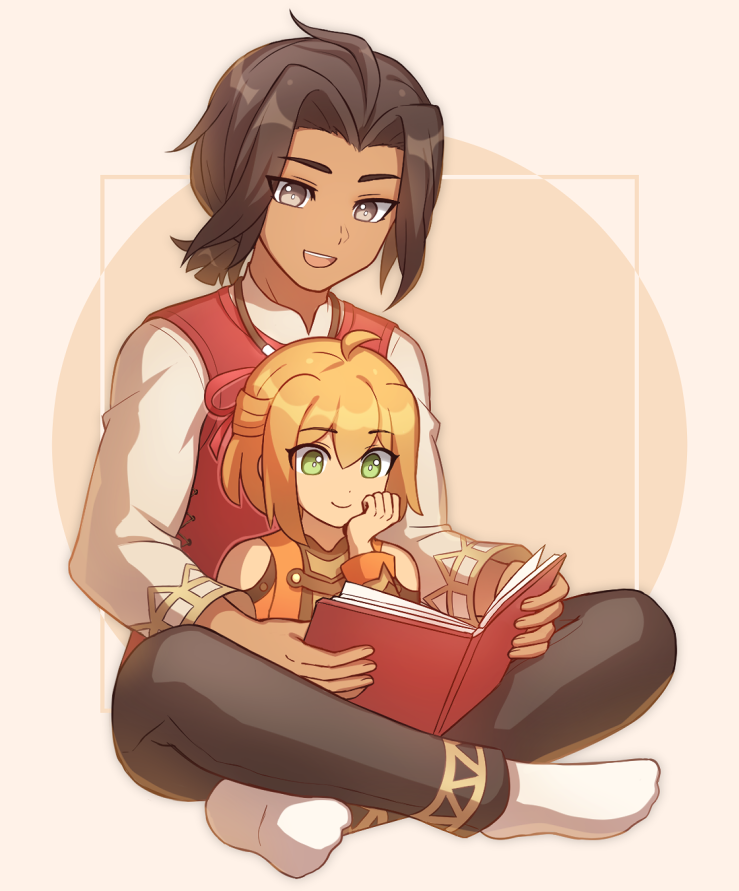 Safebooru - 1boy 1girl black hair blonde hair book brother and sister ...