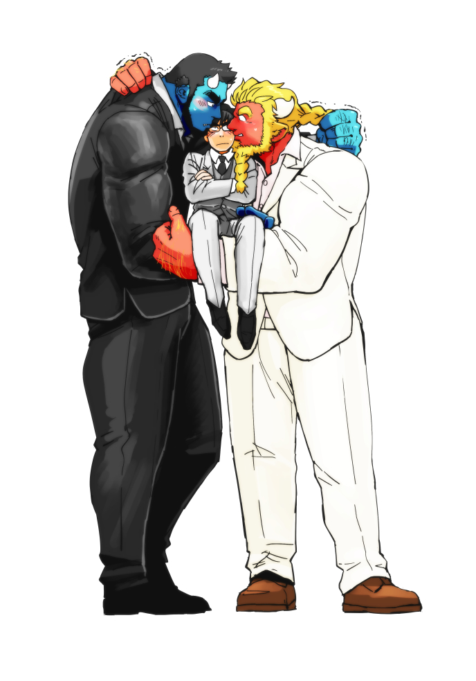 Safebooru - 3boys alternate costume bara beard black eyes black hair black pants black suit ...