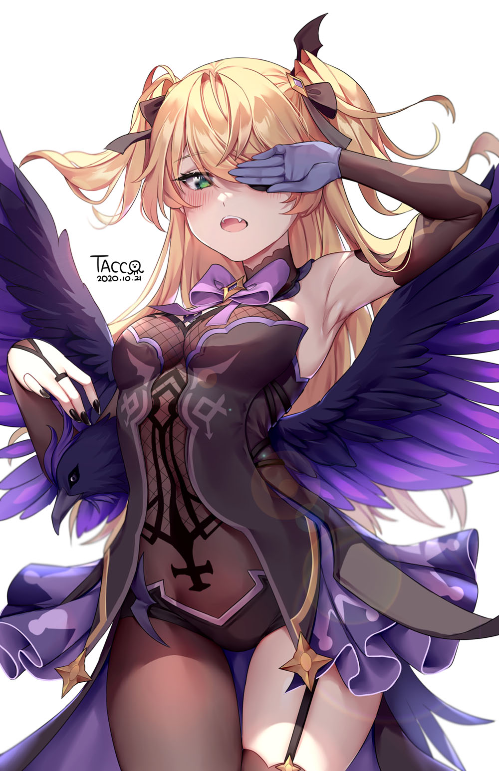 Safebooru - 1girl animal arm up armpits bare shoulders bird black dress black nails blonde hair ...