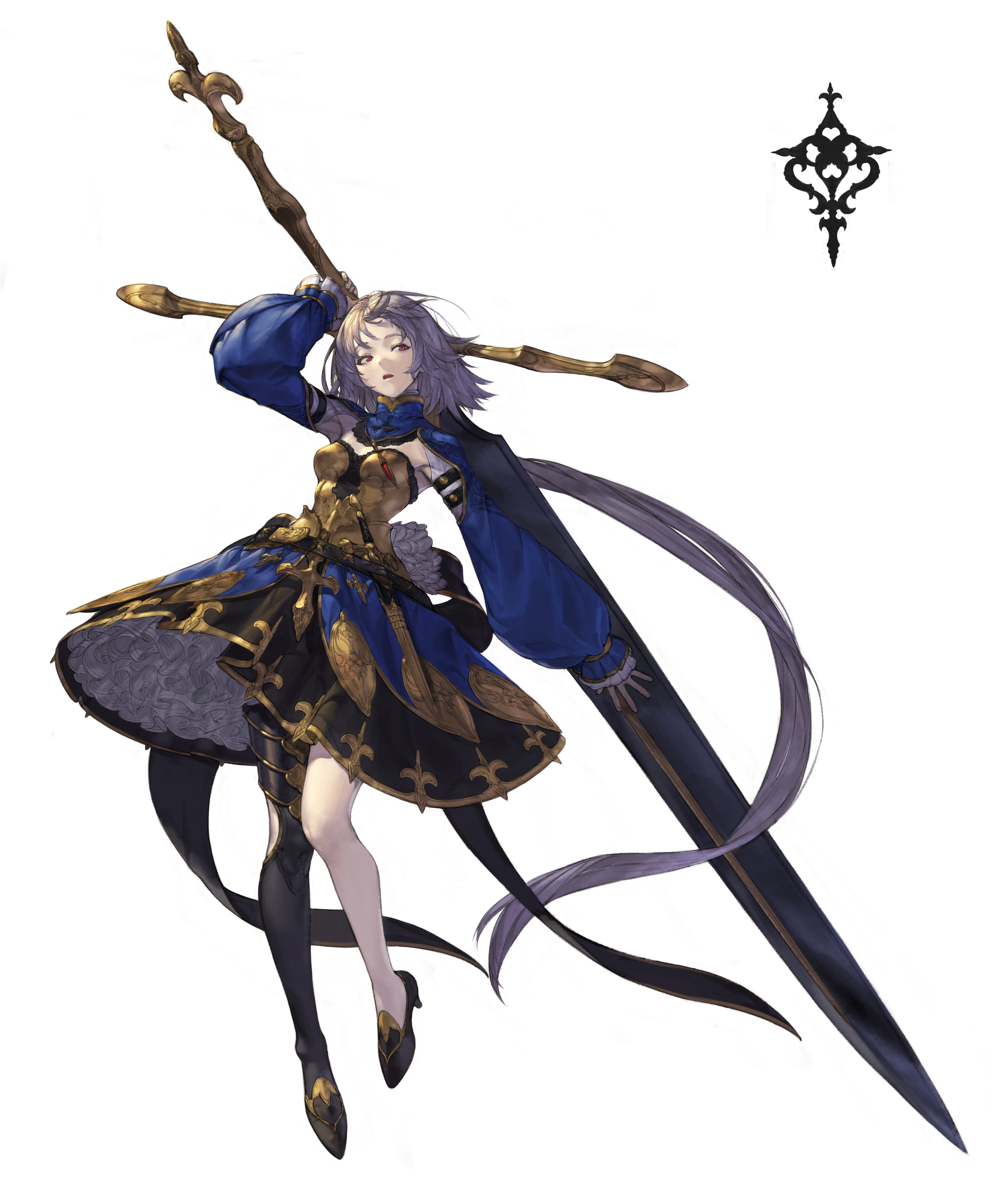 Safebooru - 1girl absurdres armored skirt blue skirt full body greaves hand up highres holding ...