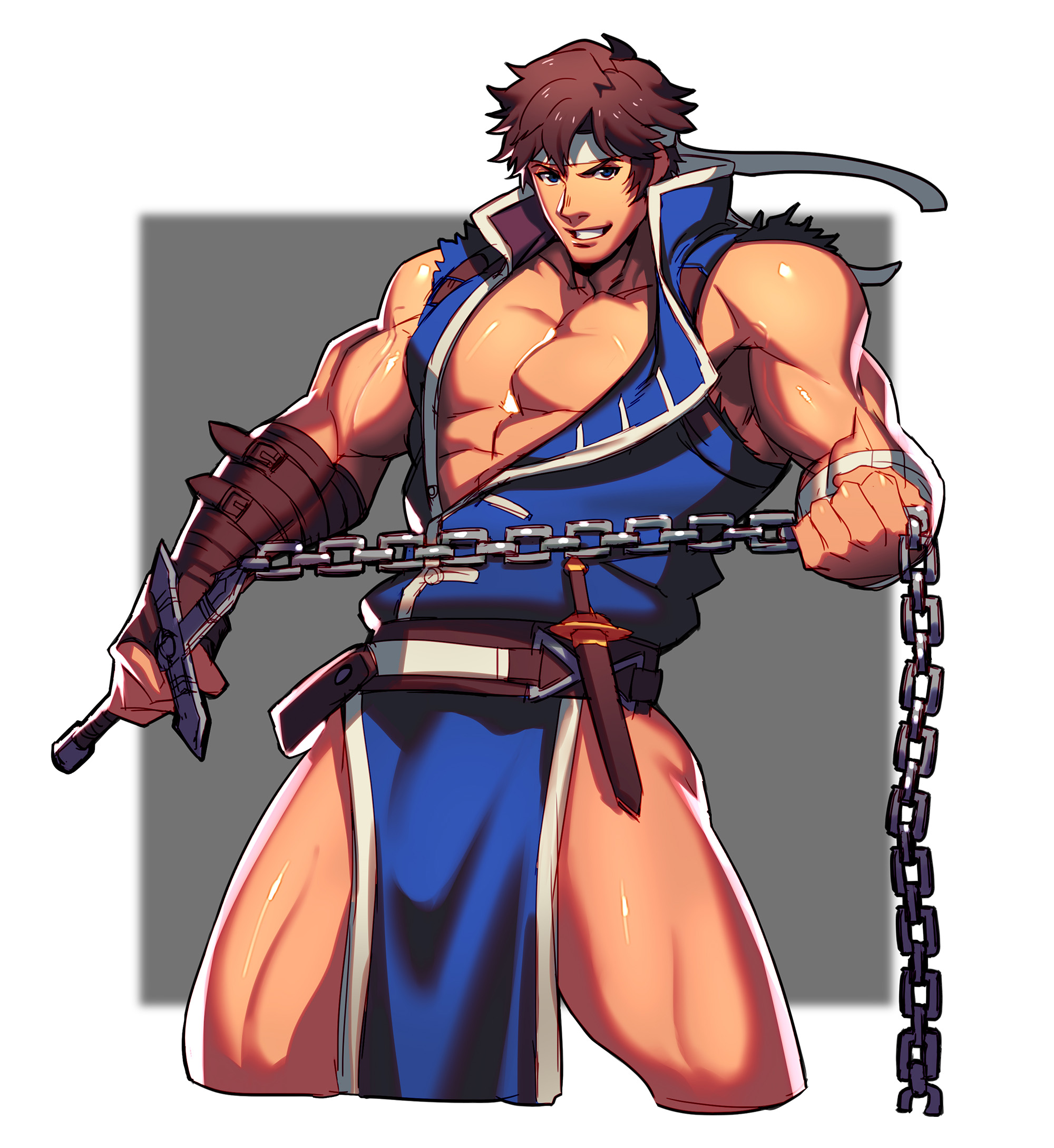 Safebooru - 1boy abs bandages bara bare chest belt blue eyes brown hair bulge castlevania chain ...