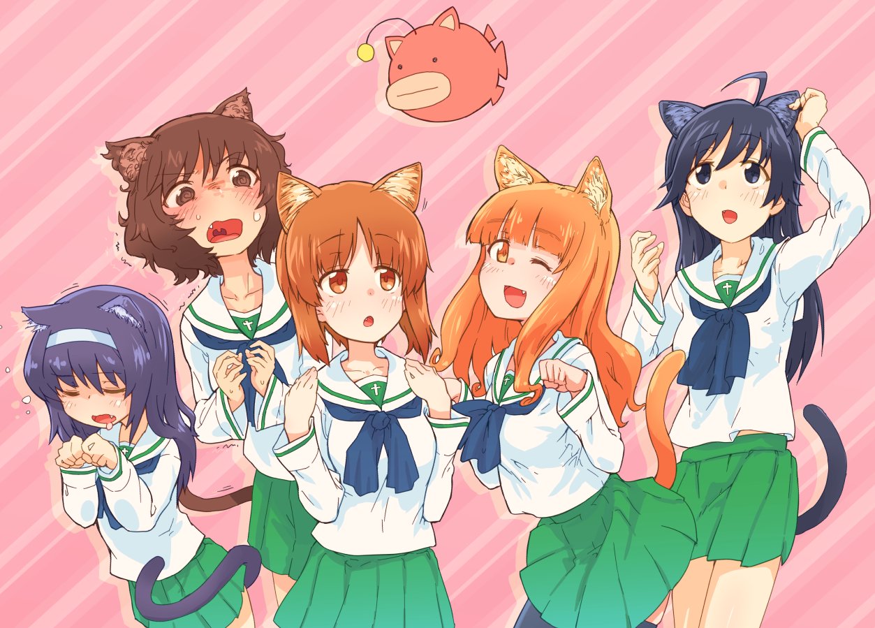 Safebooru - 5girls :o ;d ahoge akiyama yukari anglerfish animal ears arm up bangs black eyes ...