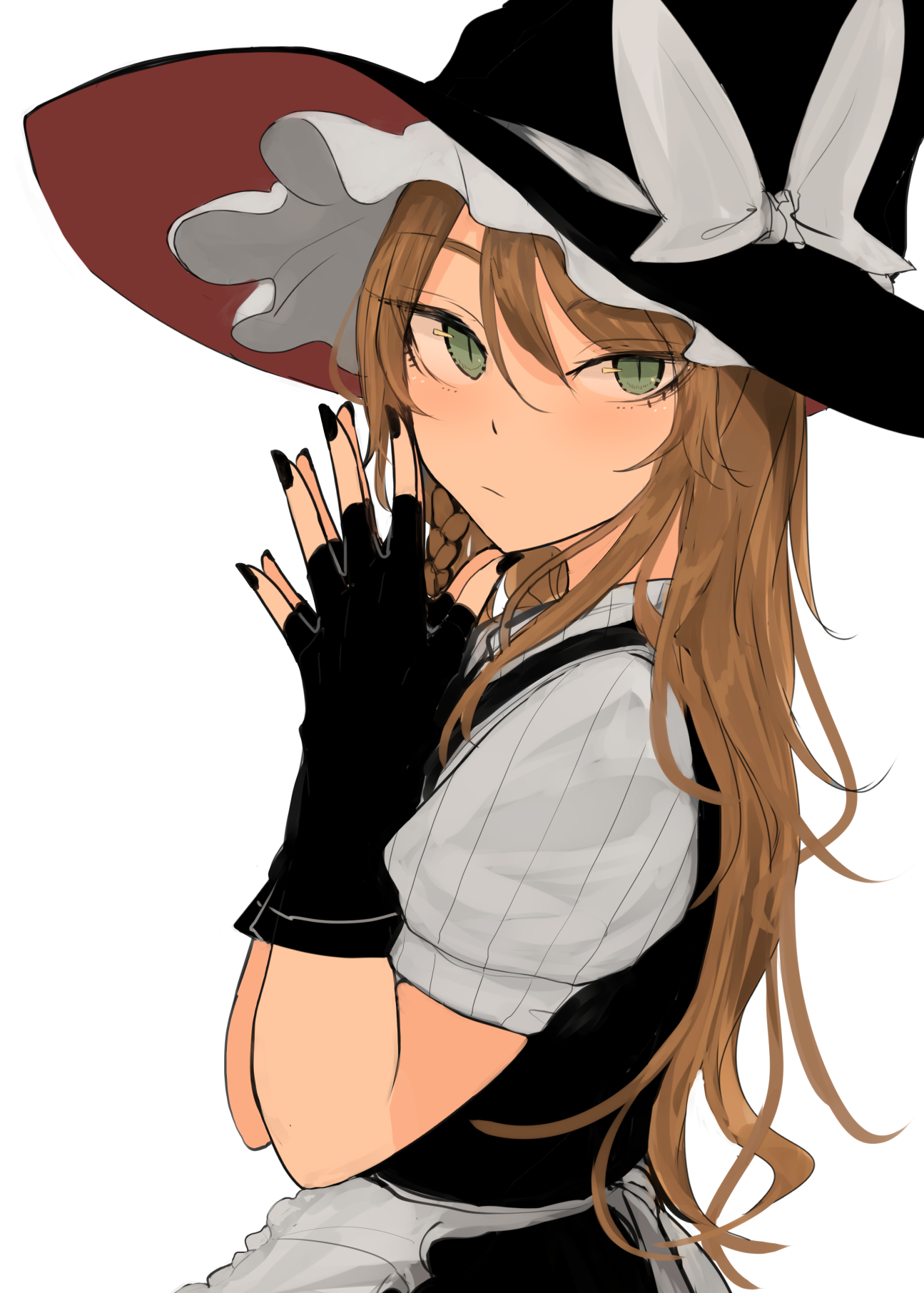 Safebooru - 1girl apron bangs black gloves black headwear black nails black vest blonde hair bow ...