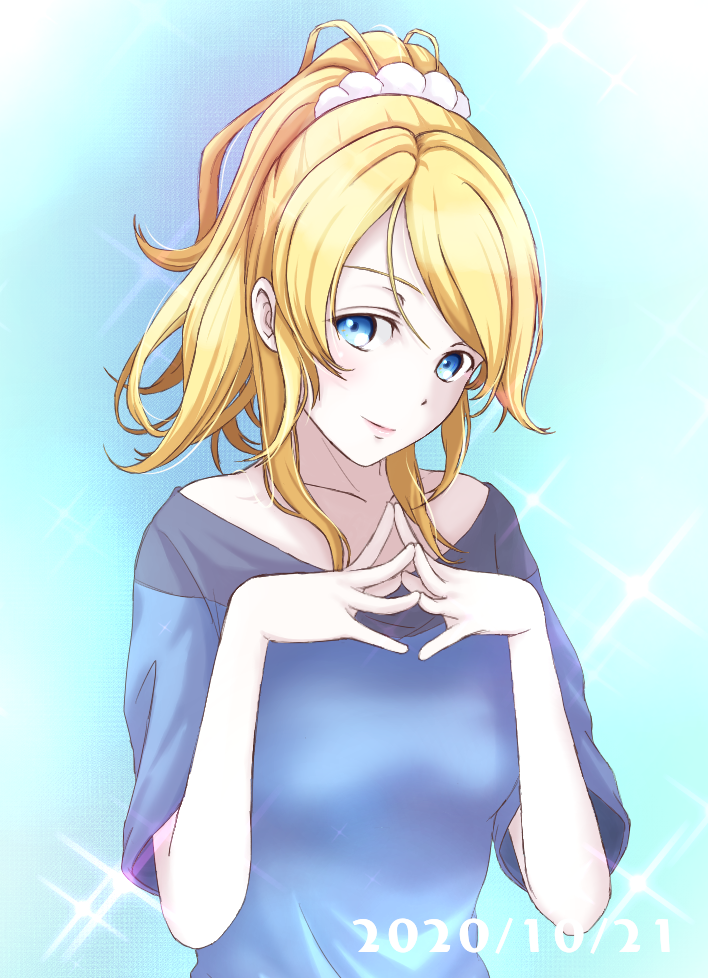 Safebooru - 1girl 2020 ayase eli blonde hair blue background blue eyes blue shirt cowboy shot ...