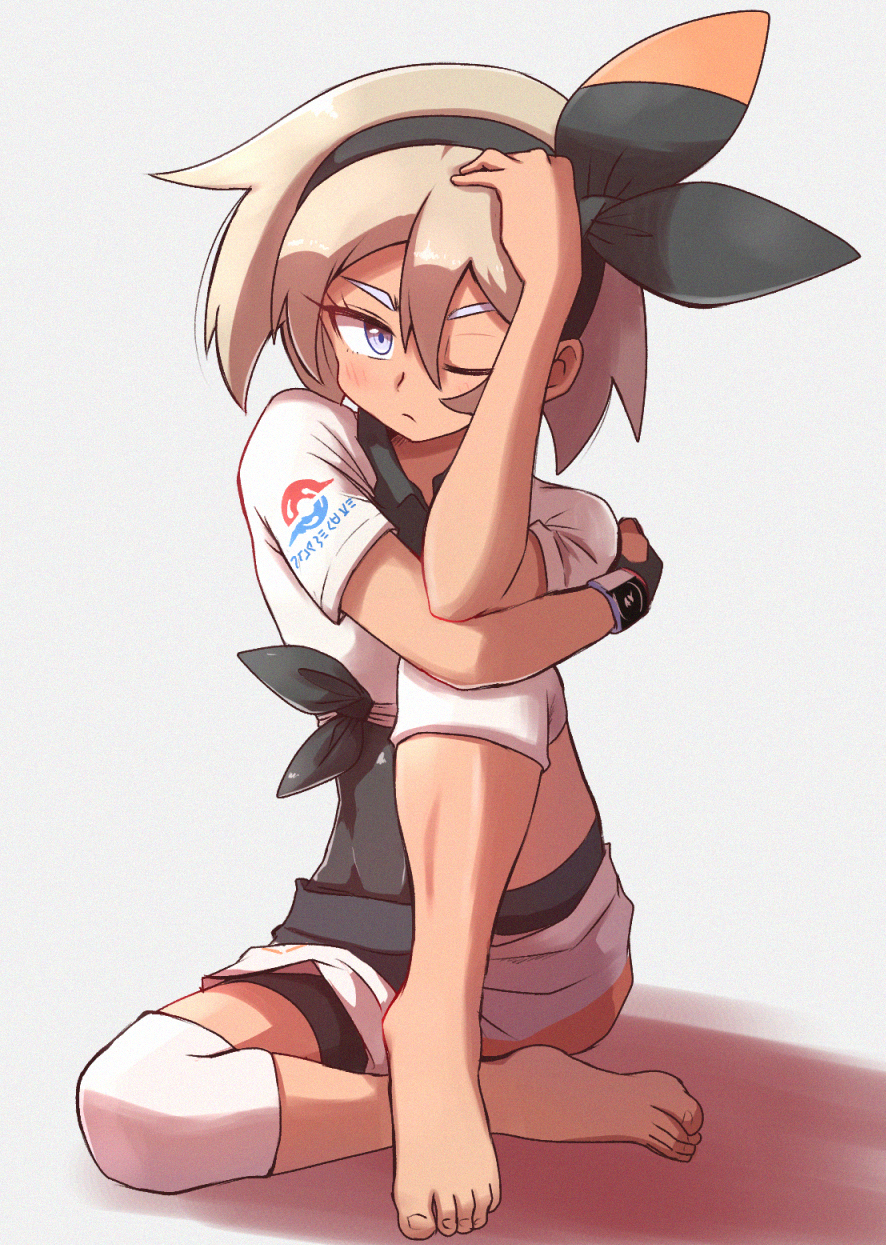 Safebooru - 1girl bangs barefoot bea (pokemon) black bodysuit black hairband blonde hair blush ...