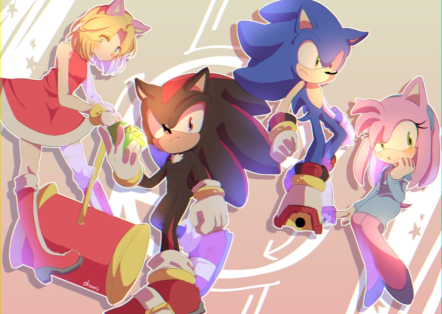 Safebooru - 2boys 2girls amy rose amy rose (cosplay) animal ears blue dress boots breasts chaos ...