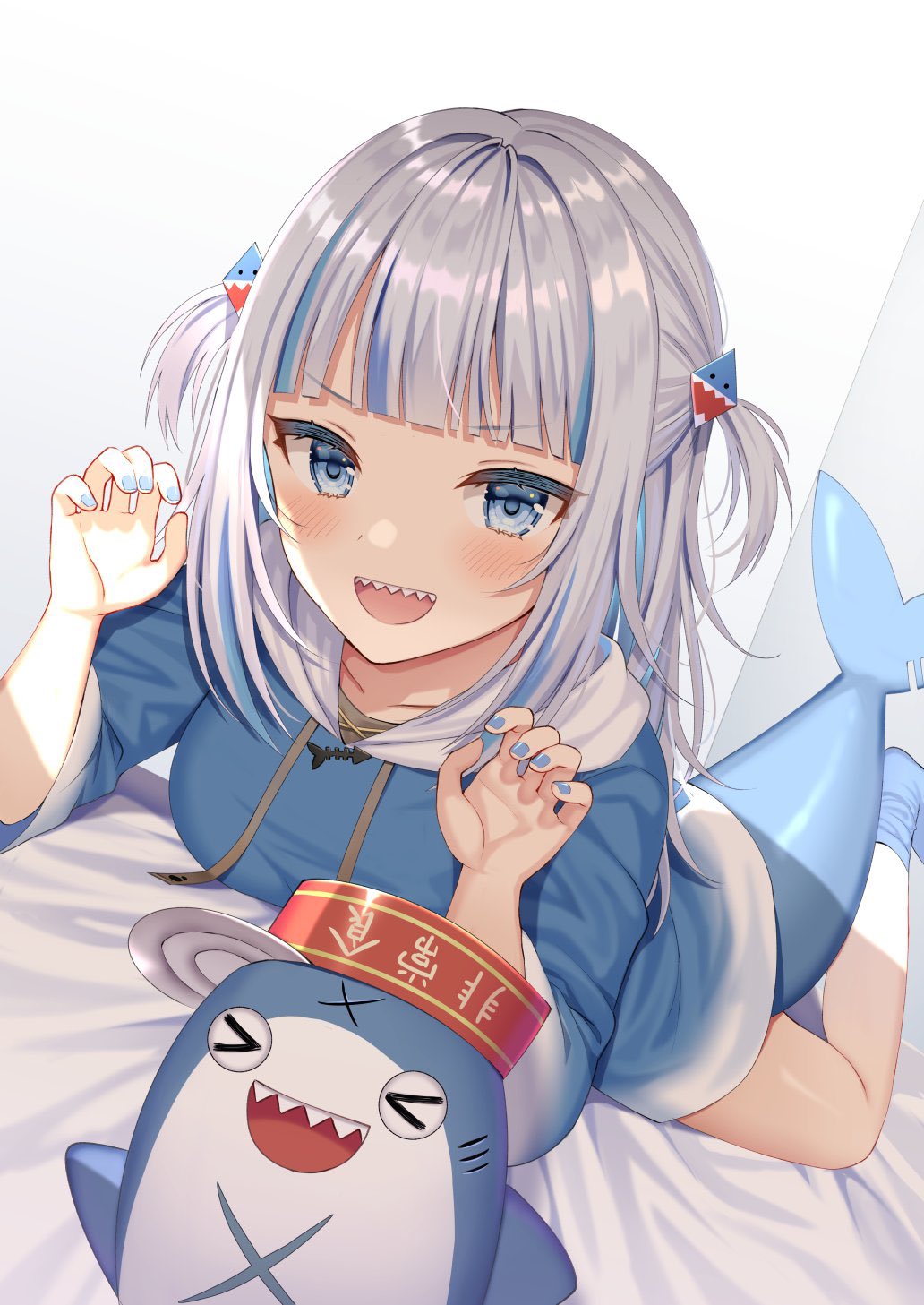 Safebooru - :d bangs bloop (gawr gura) blue eyes blue hair blue hoodie blue nails blunt bangs ...