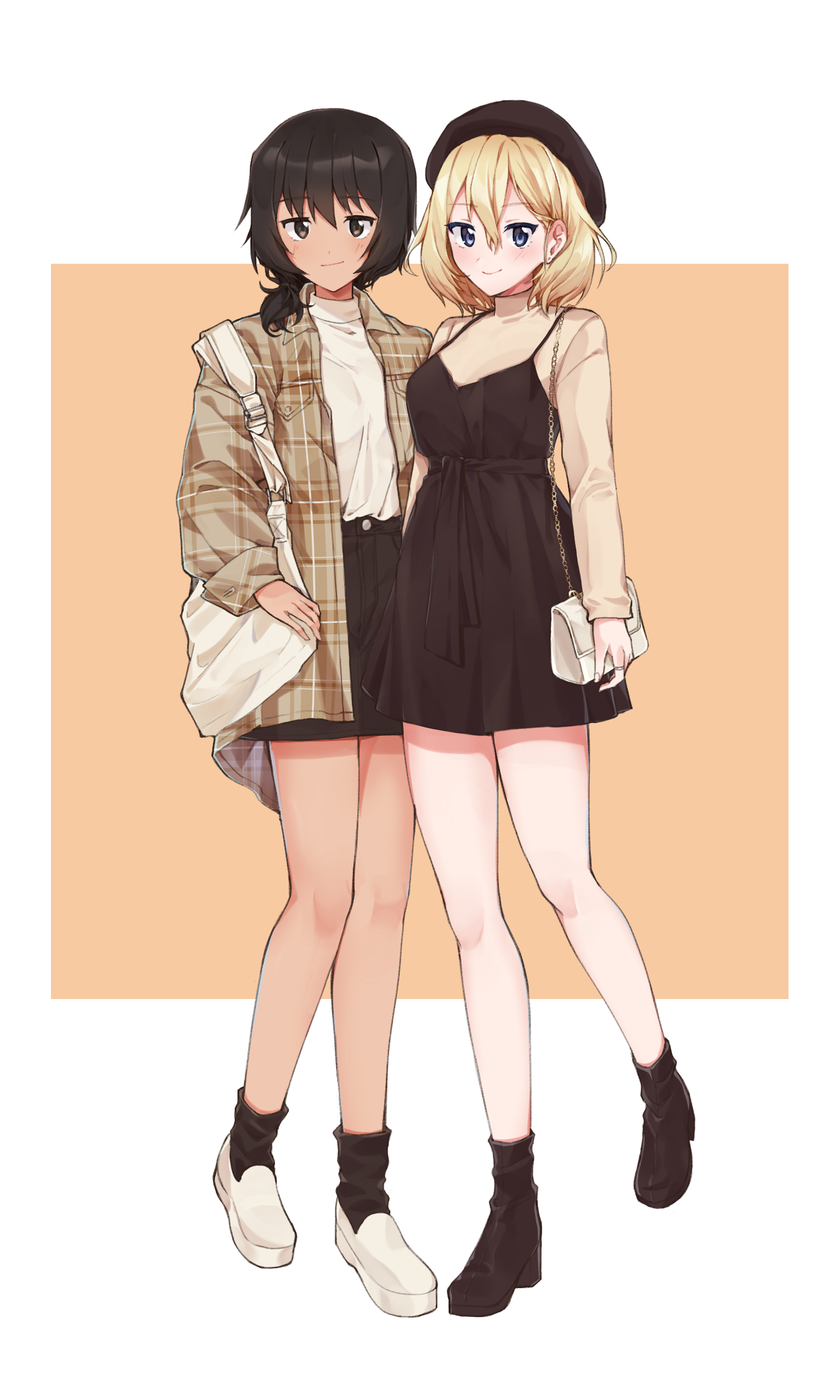 Safebooru - 2girls absurdres andou (girls und panzer) ankle boots bag bangs beige background ...