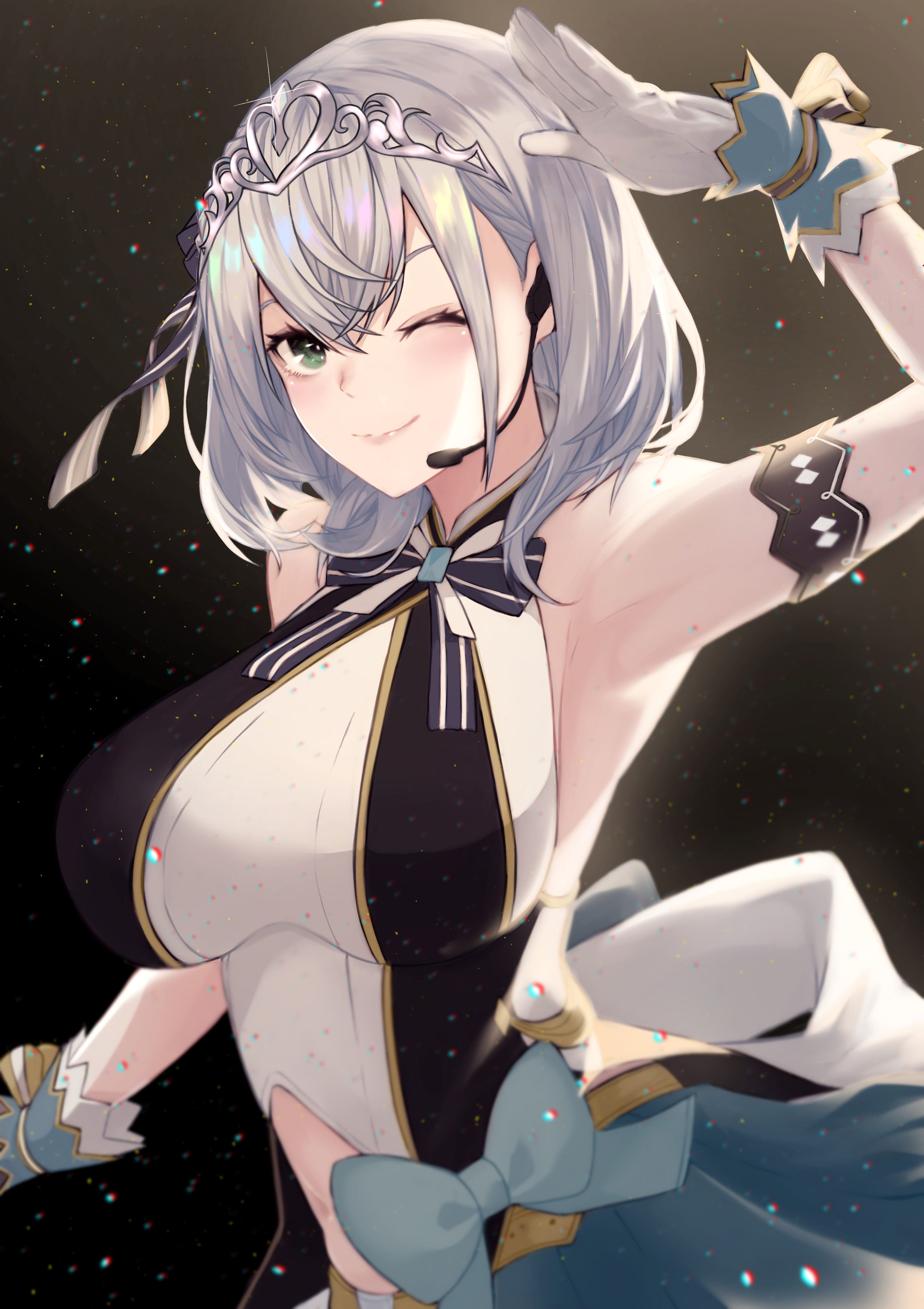 Safebooru - 1girl ;) absurdres arm up armband armpits bangs bare shoulders black background blue ...