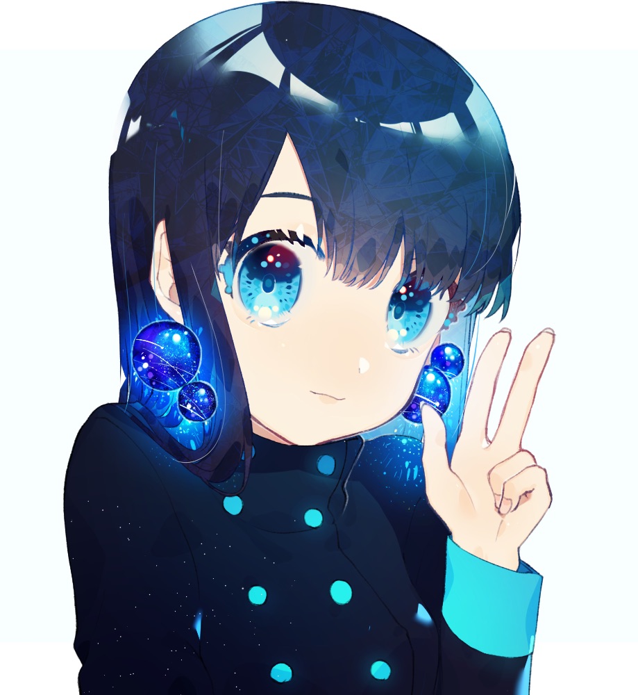 Safebooru - 1girl bangs black hair black shirt blue eyes blue gemstone blue hair buttons closed ...
