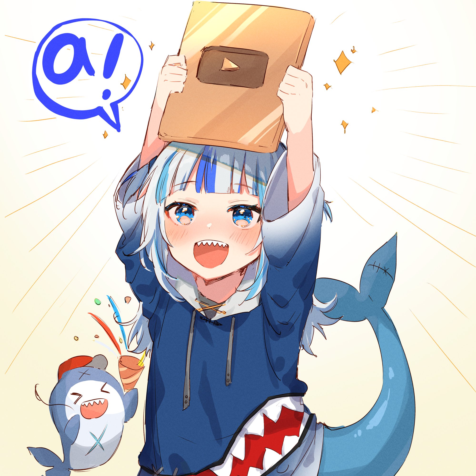 Safebooru - ! 1girl a animal costume animal hood arms up bangs bloop (gawr gura) blue eyes blue ...