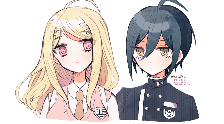 Safebooru - 1boy 1girl ahoge akamatsu kaede bangs black hair black jacket blonde hair blush ...