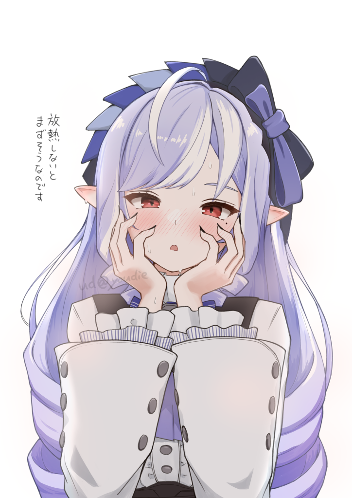 Safebooru - 1girl ahoge black nails blush dress drill hair hands on own ...