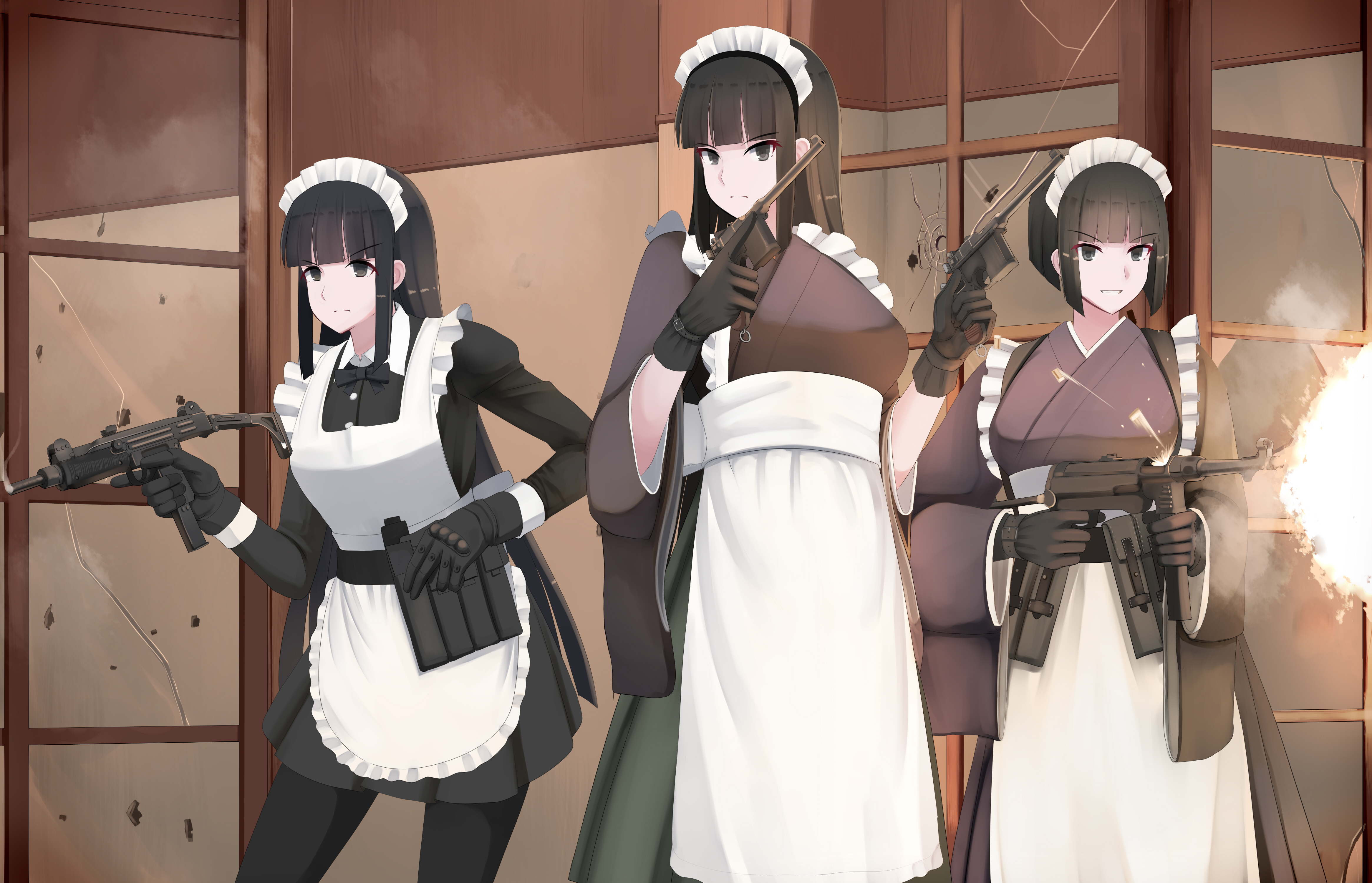 Safebooru - 3girls absurdres apron black hair black legwear bob cut bullet hole commentary dual ...