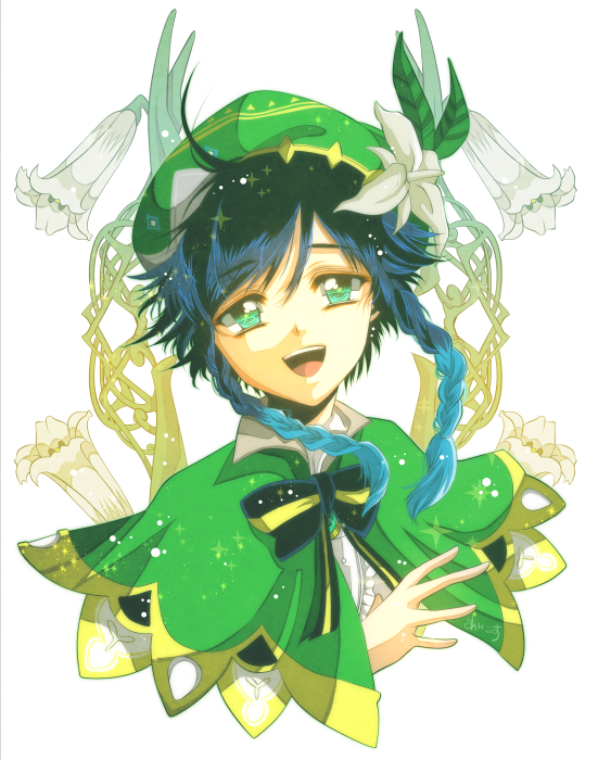 Safebooru - 1boy black hair blue hair braid commentary feathers flower ...