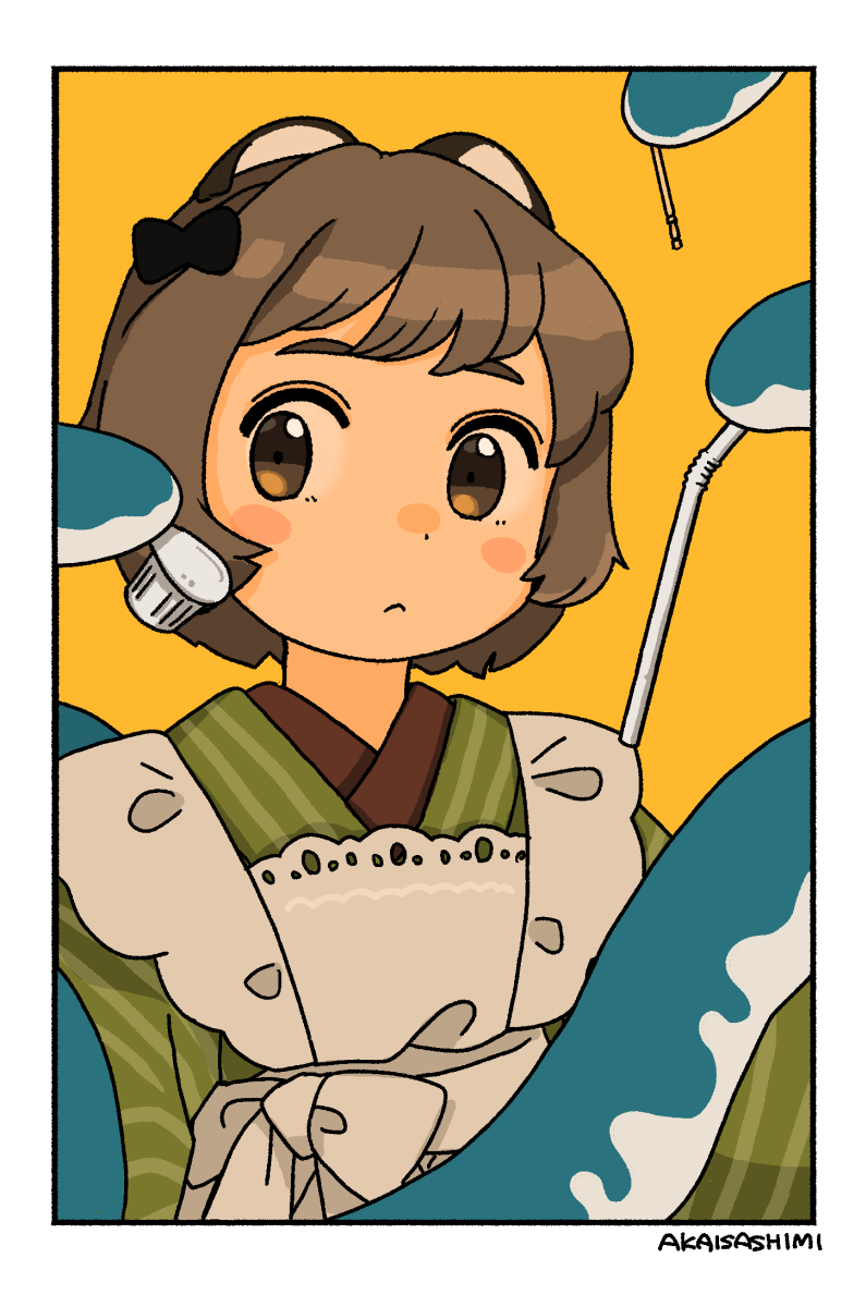 Safebooru - 1girl akai sashimi animal ears apron artist name black bow blush border bow brown ...