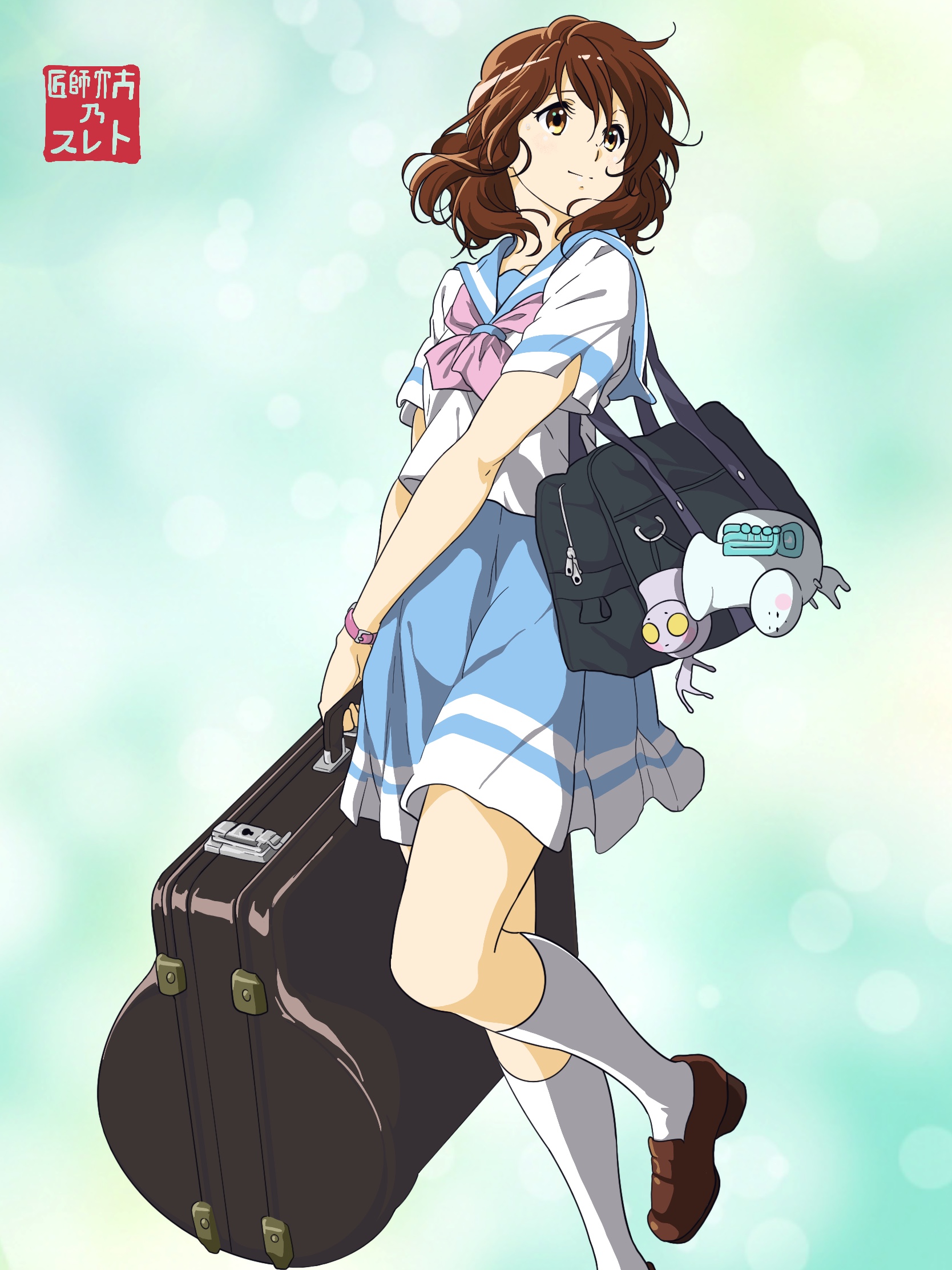 Safebooru - 1girl bag bangs blue background blue sailor collar blue skirt brown eyes brown ...
