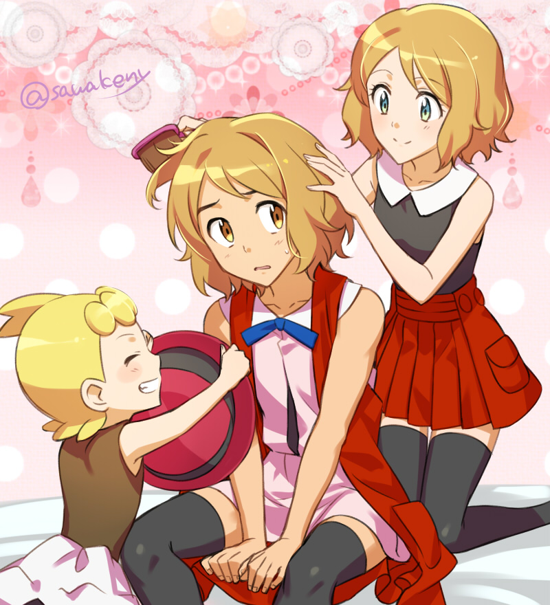 Safebooru - 1boy 2girls ash ketchum black legwear blonde hair blush bonnie (pokemon) brown eyes ...