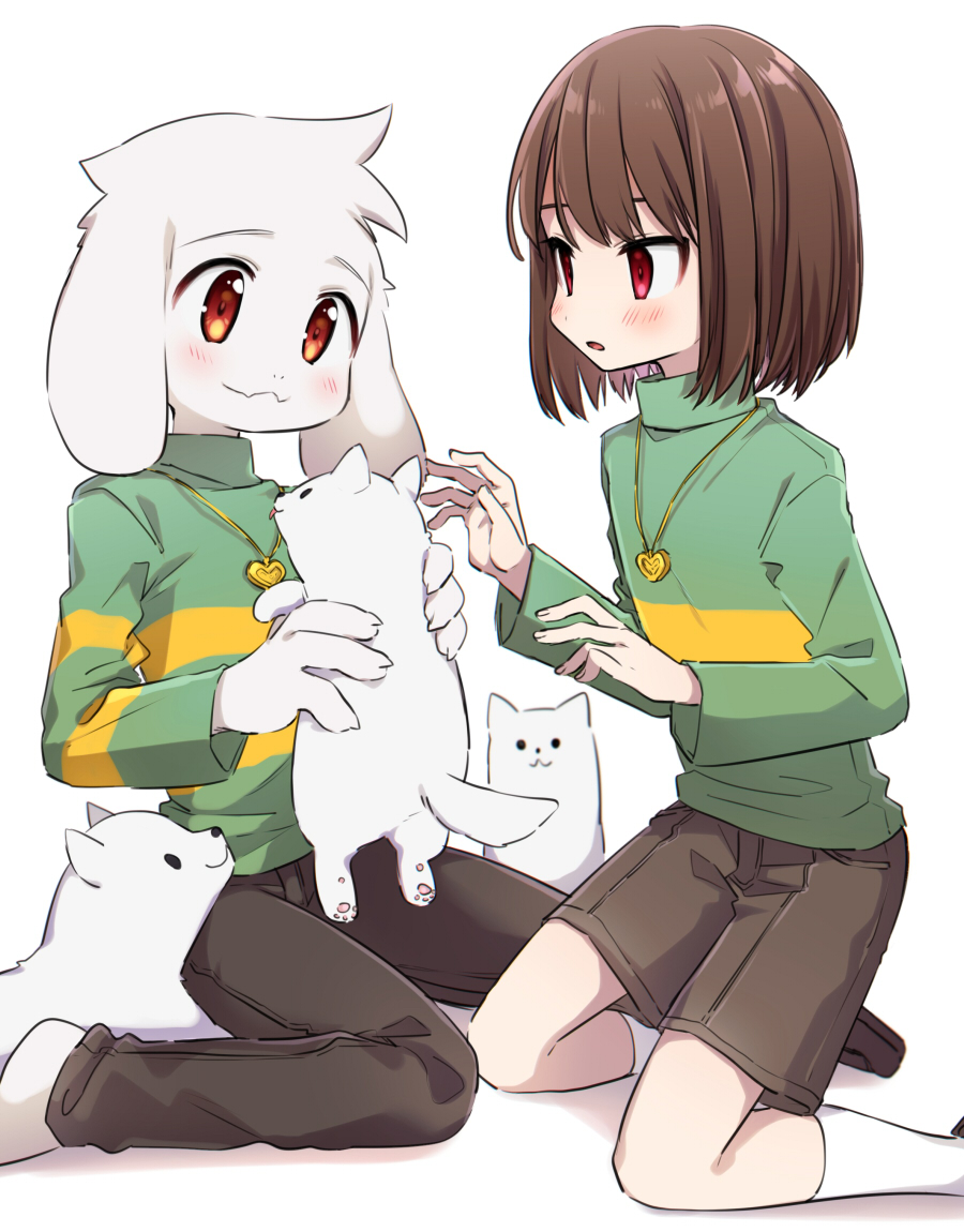 Safebooru - 1boy 1other :3 :o animal animal ears annoying dog asriel dreemurr bangs barefoot ...