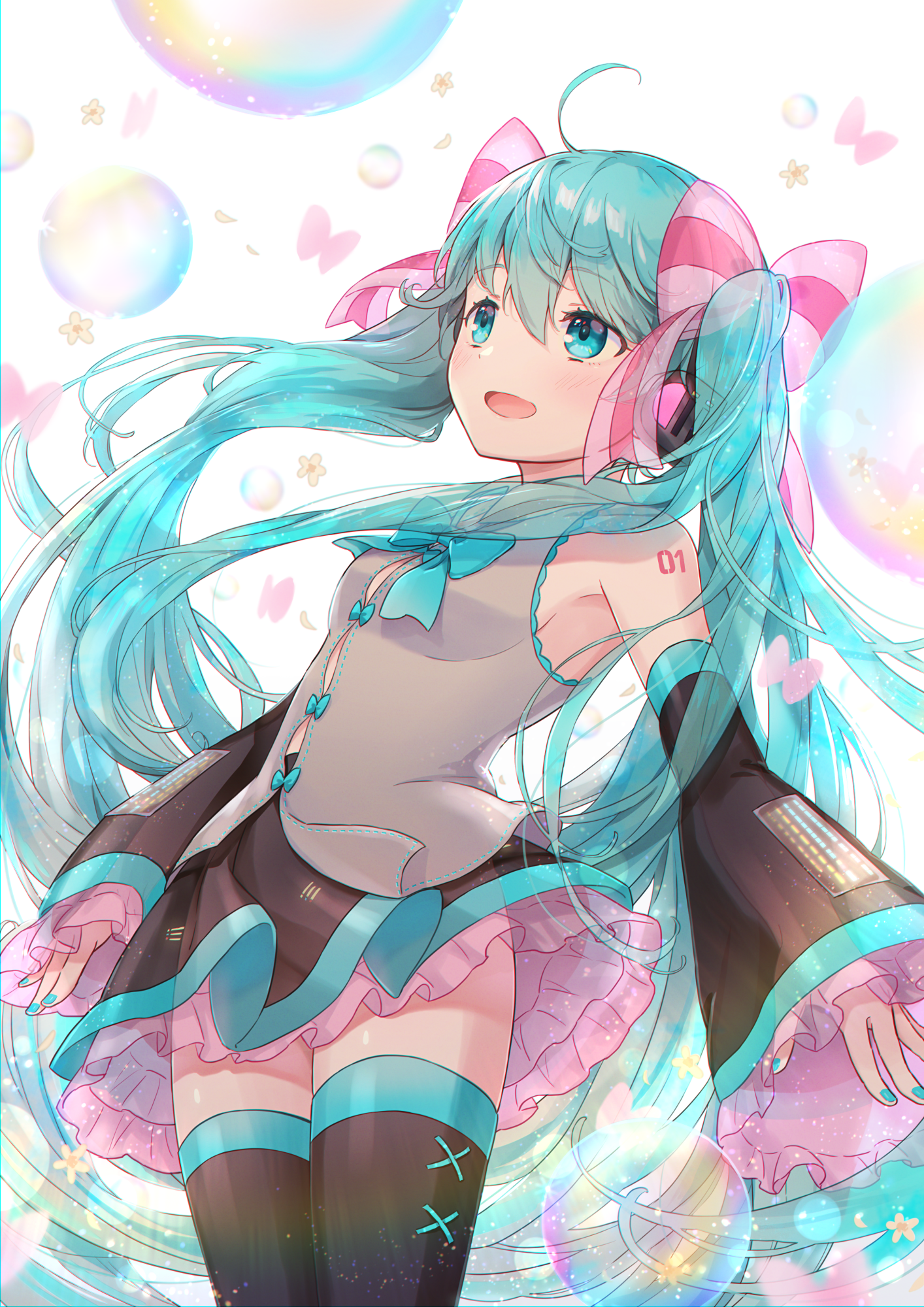 Safebooru - 1girl :d ahoge aqua bow aqua hair aqua legwear aqua nails aqua skirt ashika ...