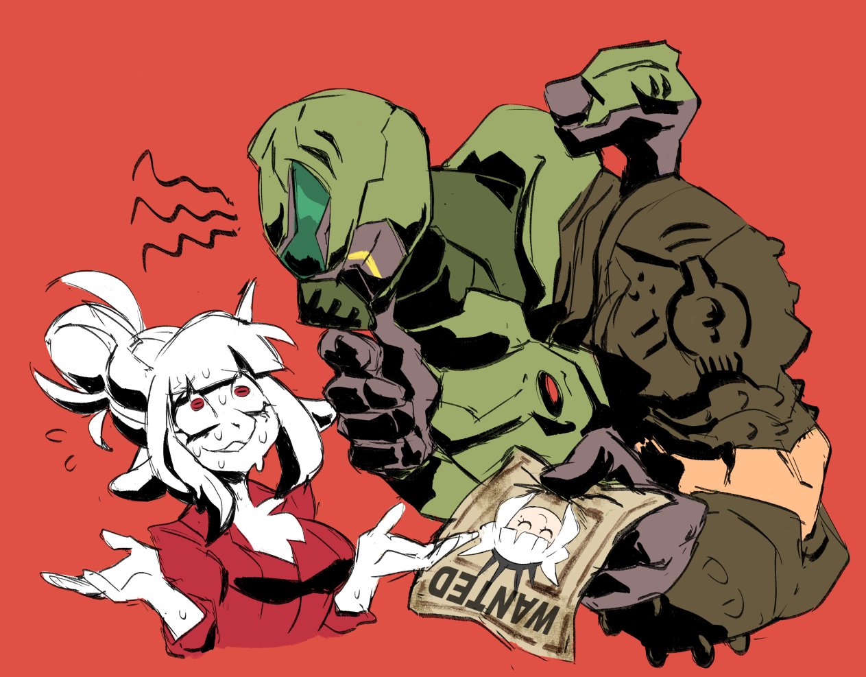 Safebooru - 1boy 1girl animal ears armor chin stroking doom (2016) doom (series) doomguy english ...