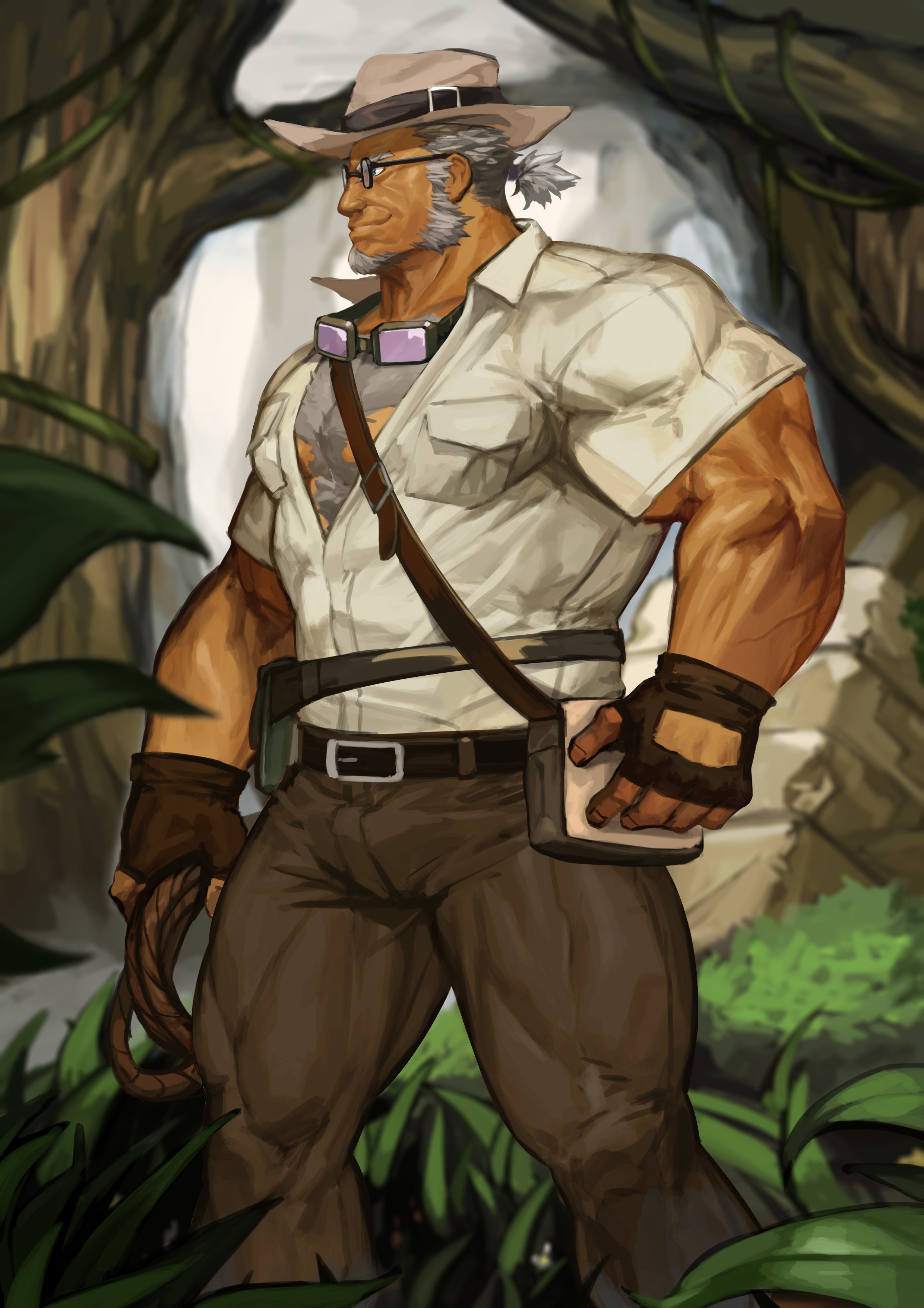 Safebooru - 1boy absurdres bara blue eyes brown gloves brown pants bulge chest chest hair facial ...