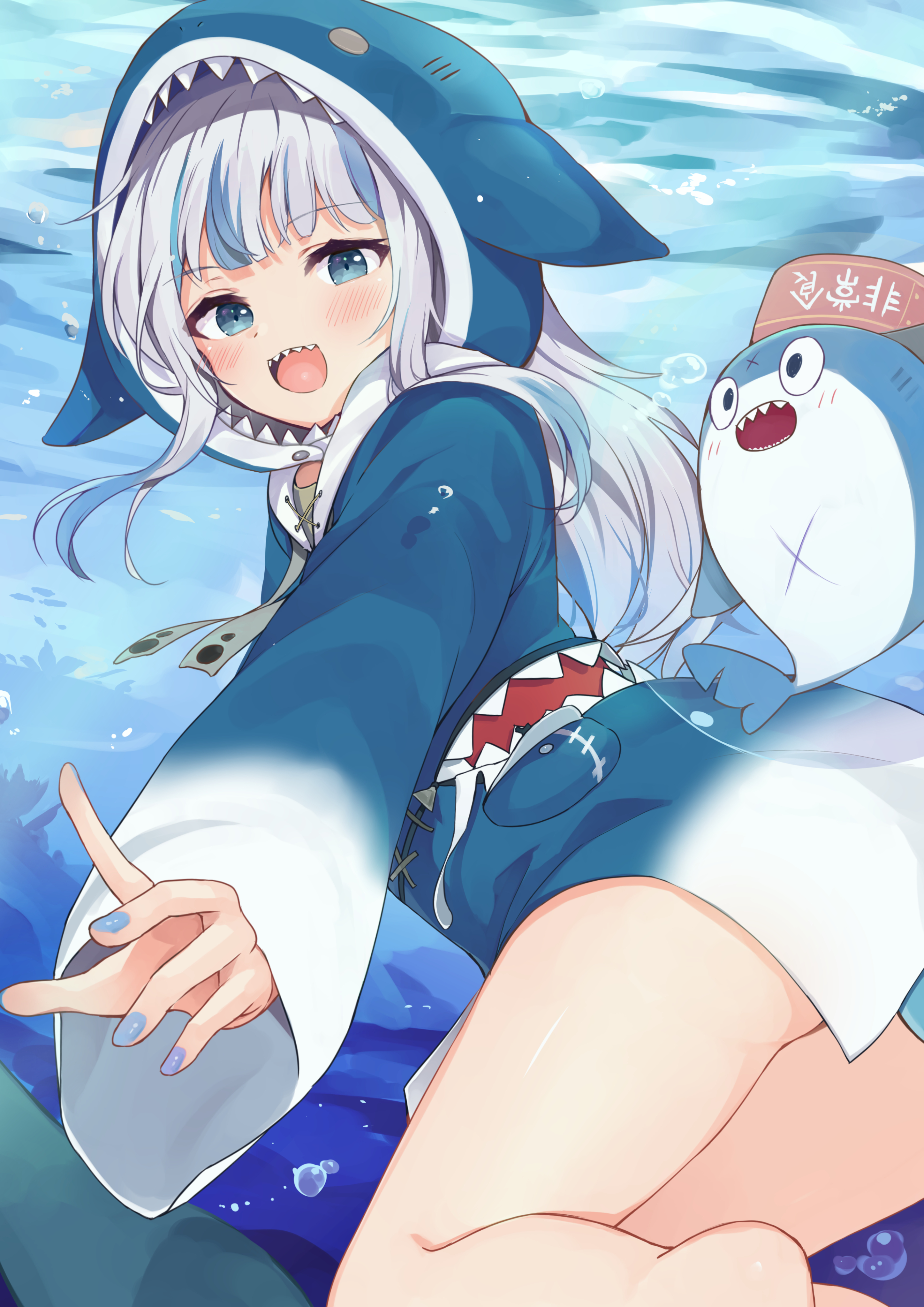 Safebooru - 1girl :d absurdres bangs bloop (gawr gura) blue eyes blue hair blue hoodie blue ...