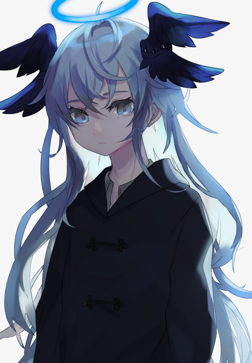 Safebooru - 1girl black hoodie blue eyes closed mouth colored inner hair grey hair halo head ...