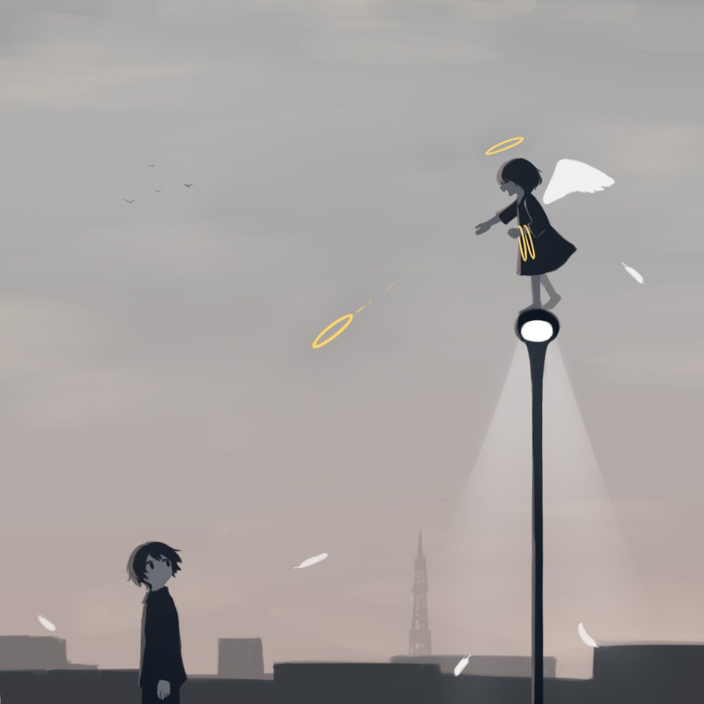 Safebooru - 1boy 1girl :d angel angel wings avogado6 barefoot bird ...