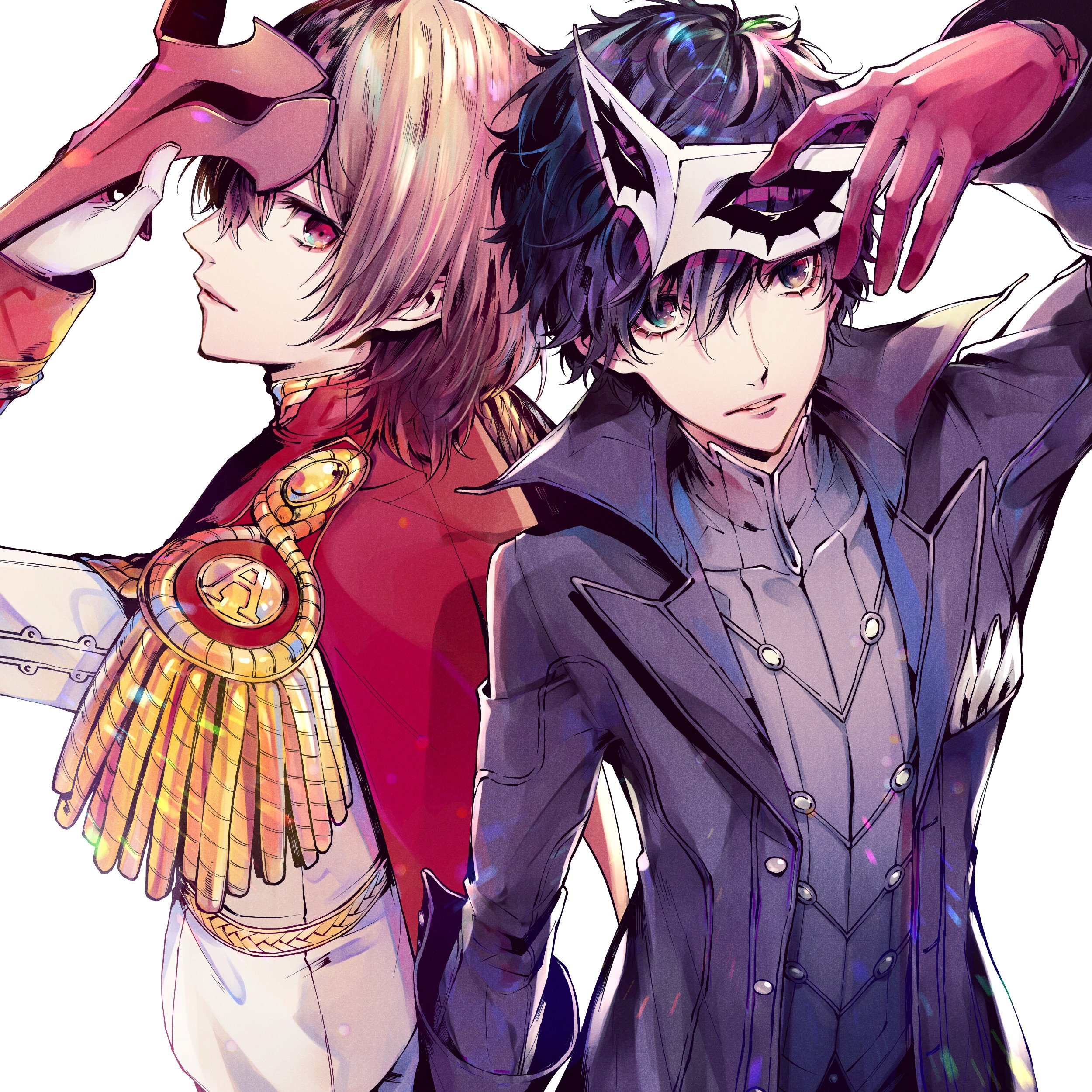 Safebooru - 2boys absurdres akechi gorou amamiya ren arm up bangs black coat black eyes black ...