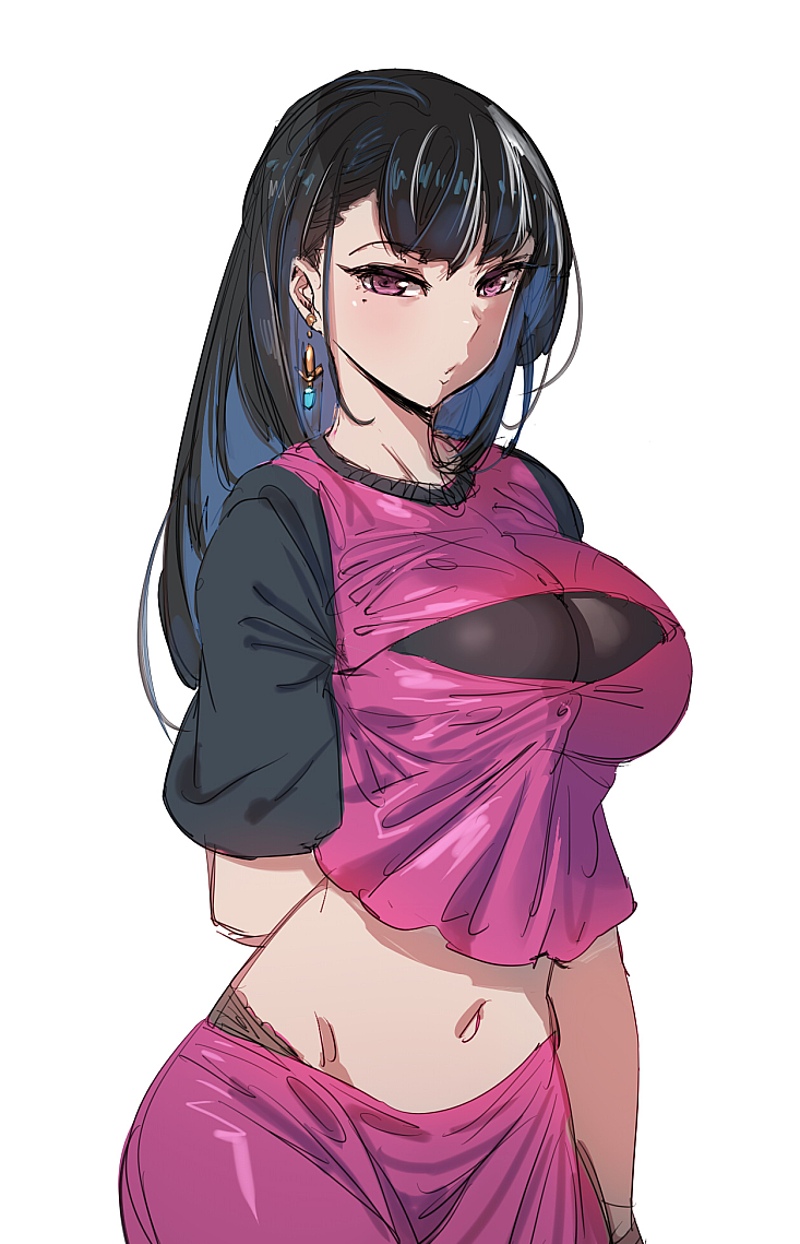 Safebooru - 1girl arm at side arm behind back bangs black hair blush bow (bhp) breasts cleavage ...