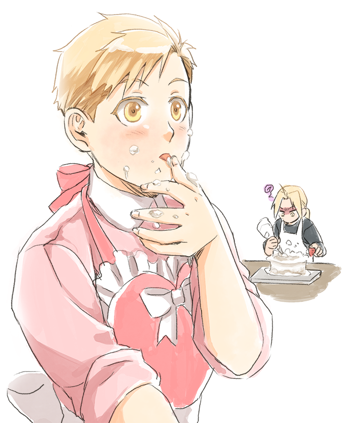 Safebooru - 2boys alphonse elric annoyed apron bangs black shirt blonde hair brothers cake close ...