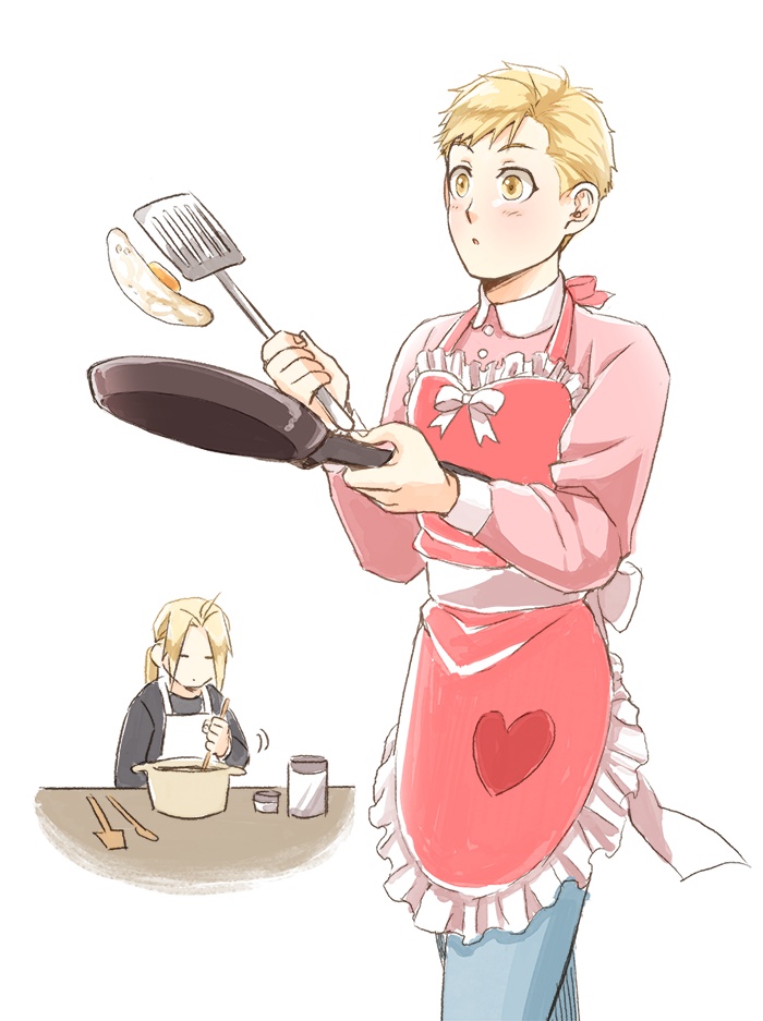Safebooru - 2boys :o alphonse elric apron bangs black shirt blonde hair brothers buttons ...