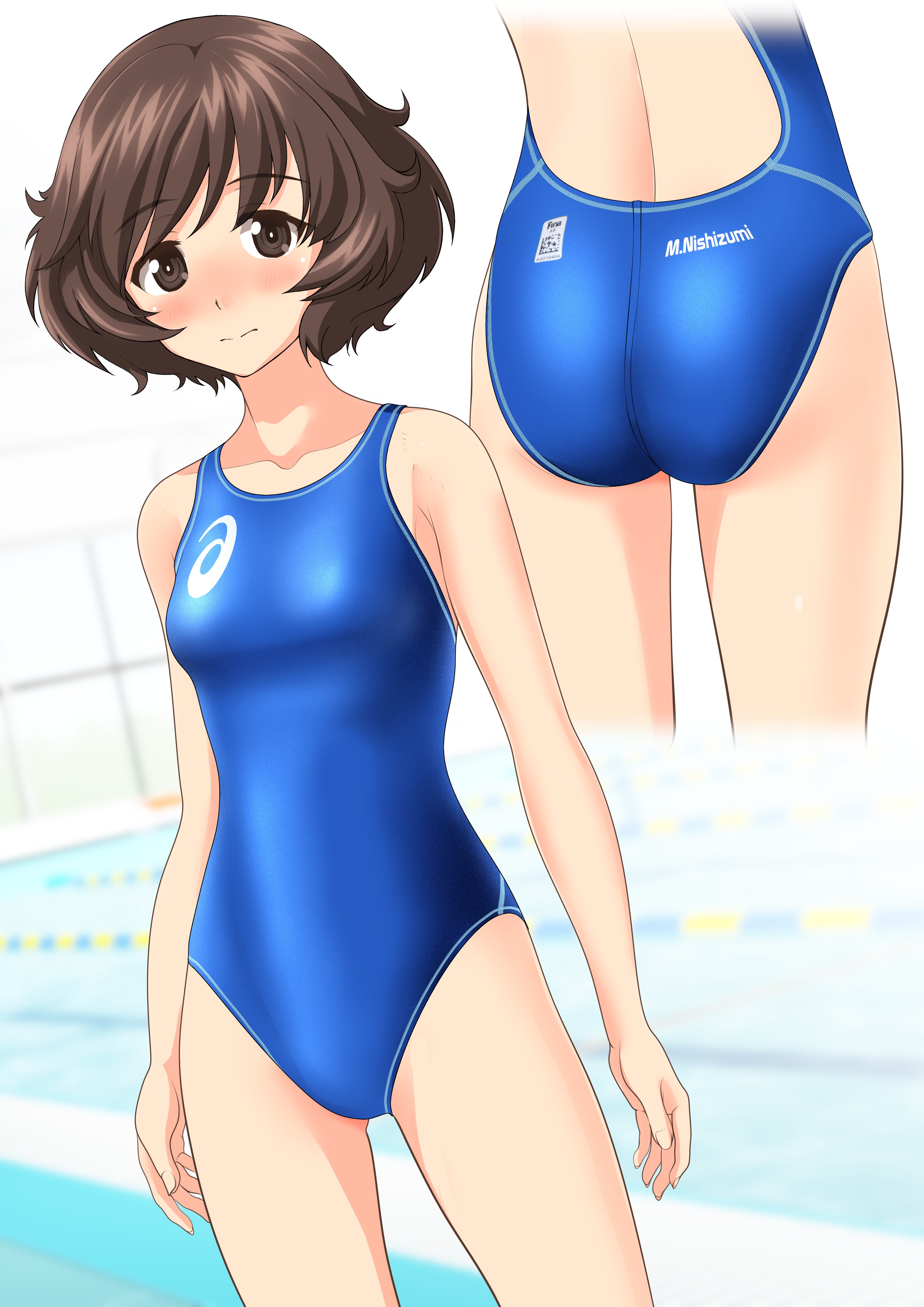 Safebooru - 1girl absurdres akiyama yukari asics ass blue swimsuit blurry blush breasts brown ...