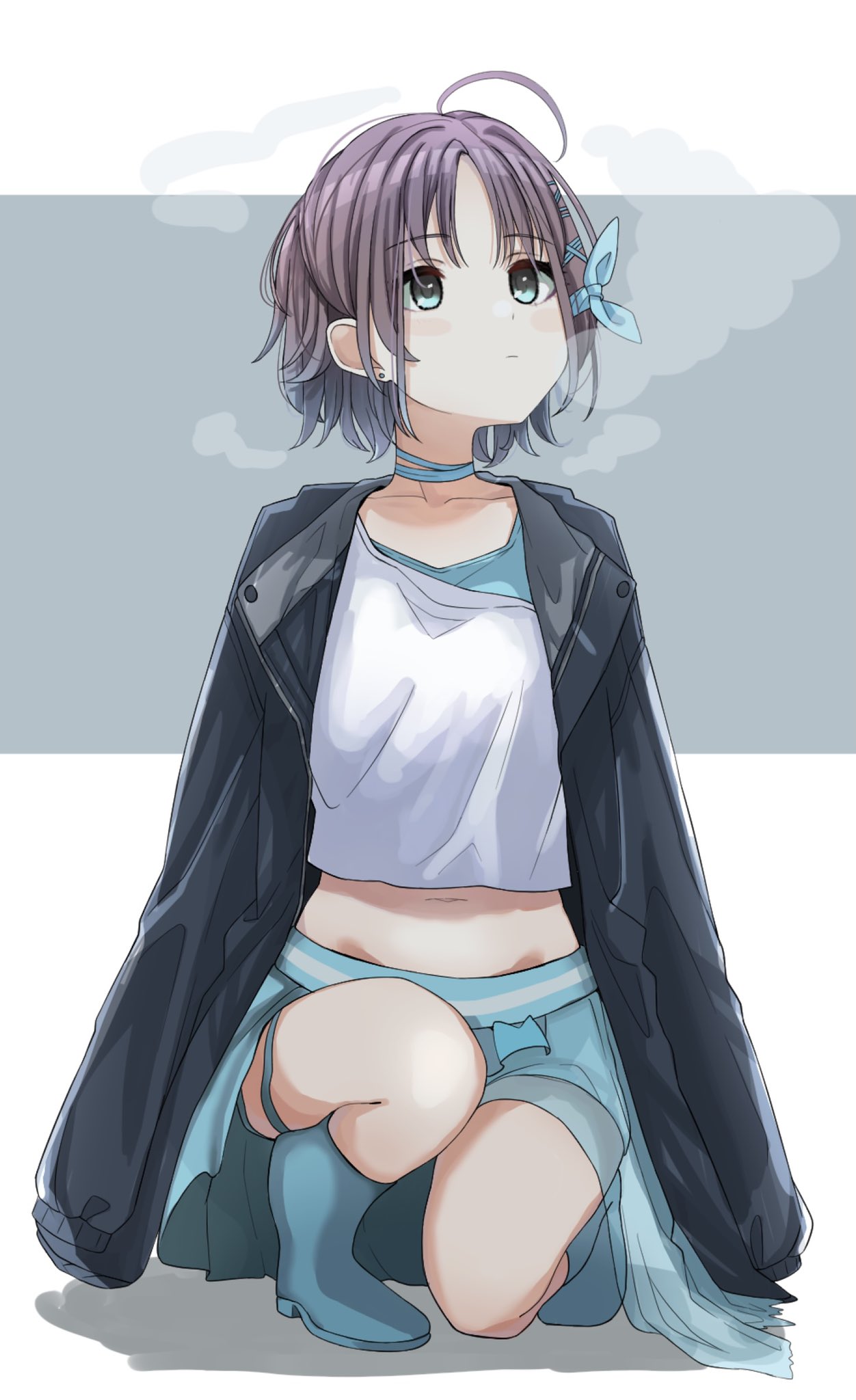 Safebooru - 1girl ahoge asakura tooru bangs black jacket blue eyes blue footwear blue ribbon ...