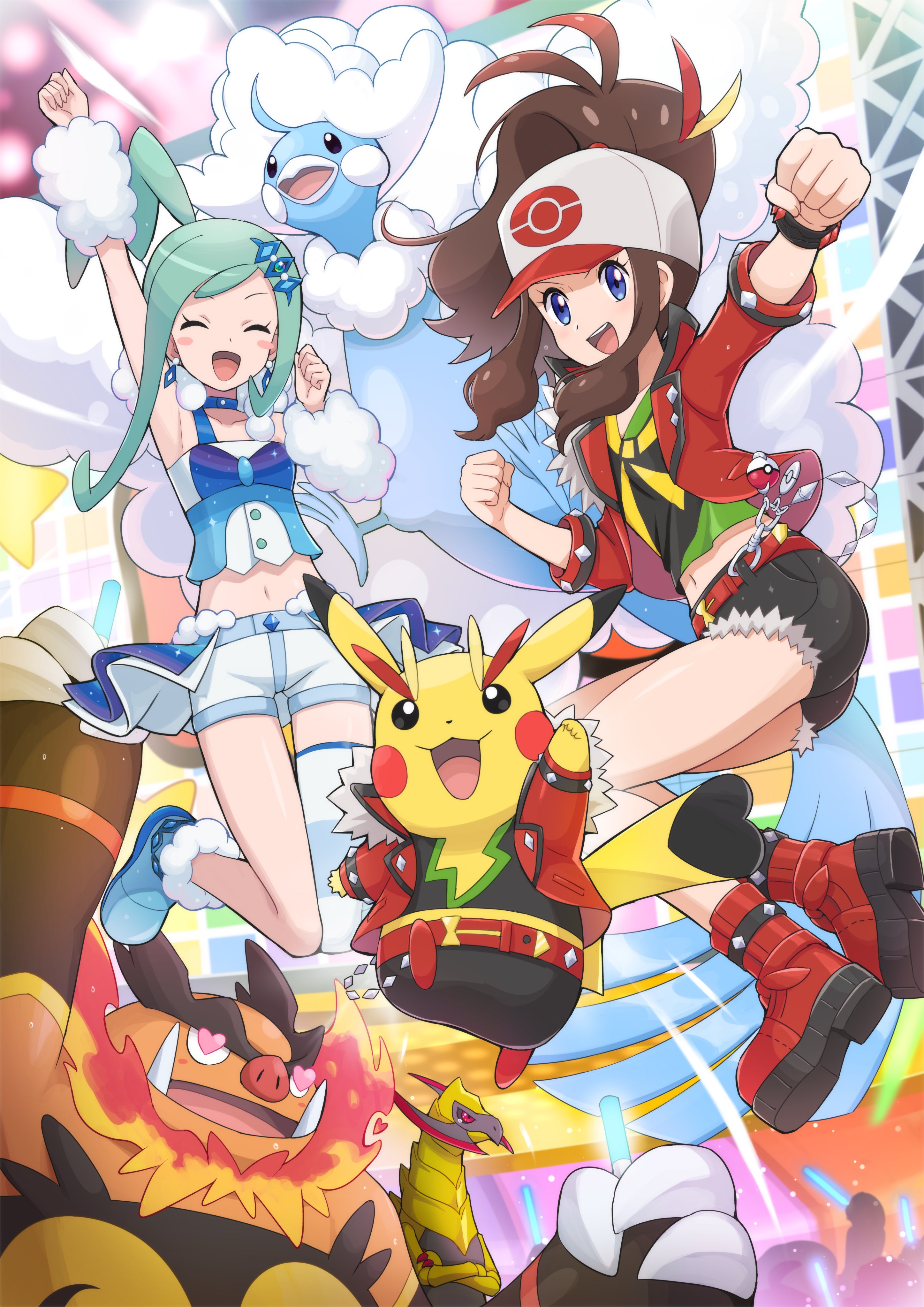 Safebooru 2girls Absurdres Altaria Antenna Hair Arm Up Baseball Cap Blue Eyes Blush Blush
