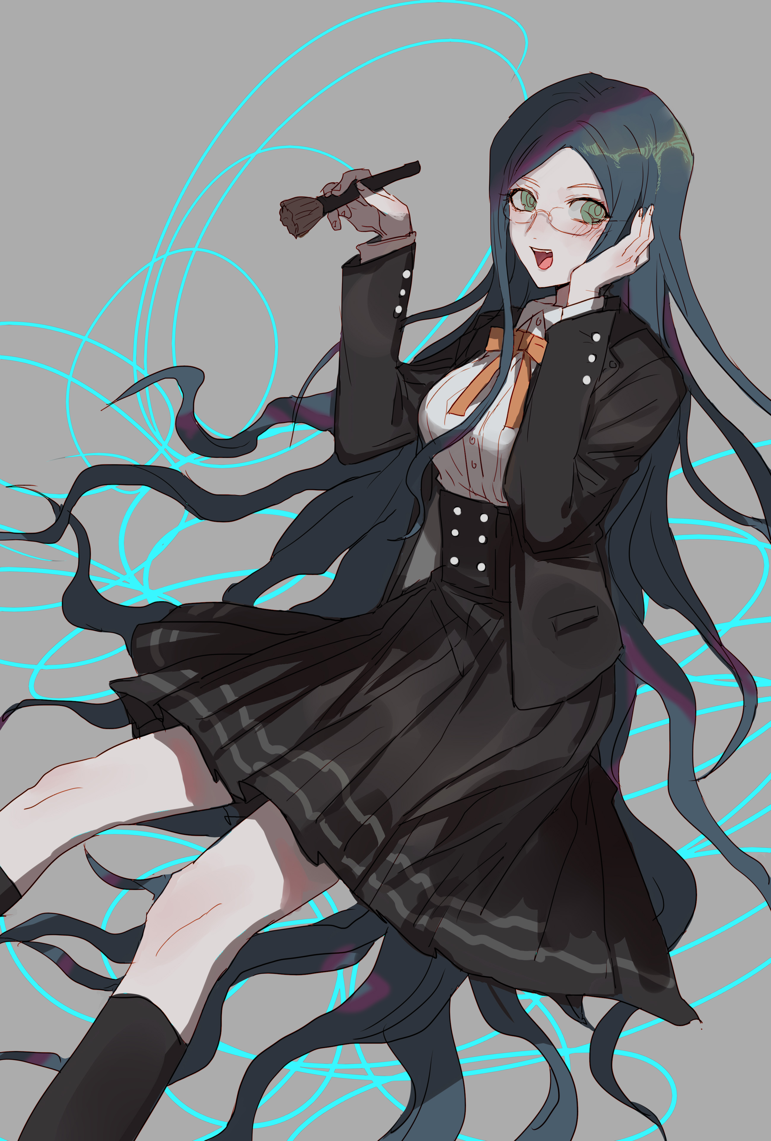 Safebooru - 1girl :d absurdres black legwear black skirt blazer blue hair blush collared shirt ...