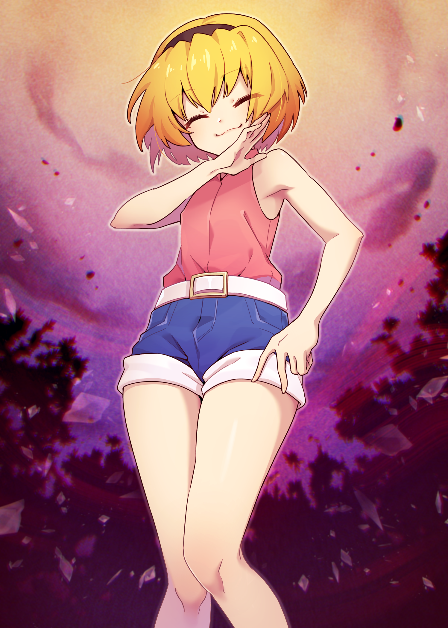 Safebooru - 1girl :3 ^ ^ abiko yuuji bangs bare arms bare shoulders belt black hairband blonde ...