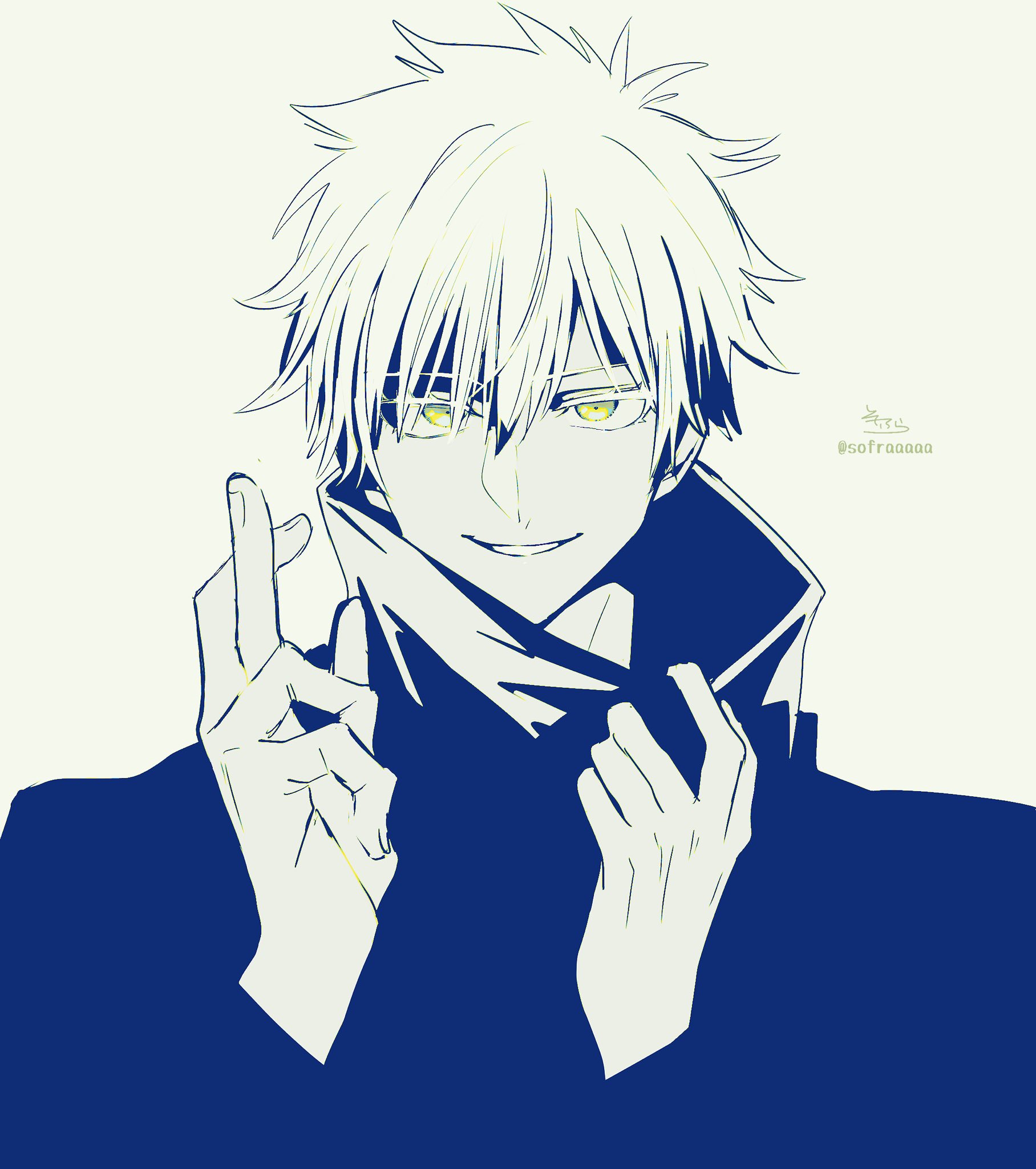 Safebooru - 1boy bangs crossed fingers gojou satoru green eyes grey ...