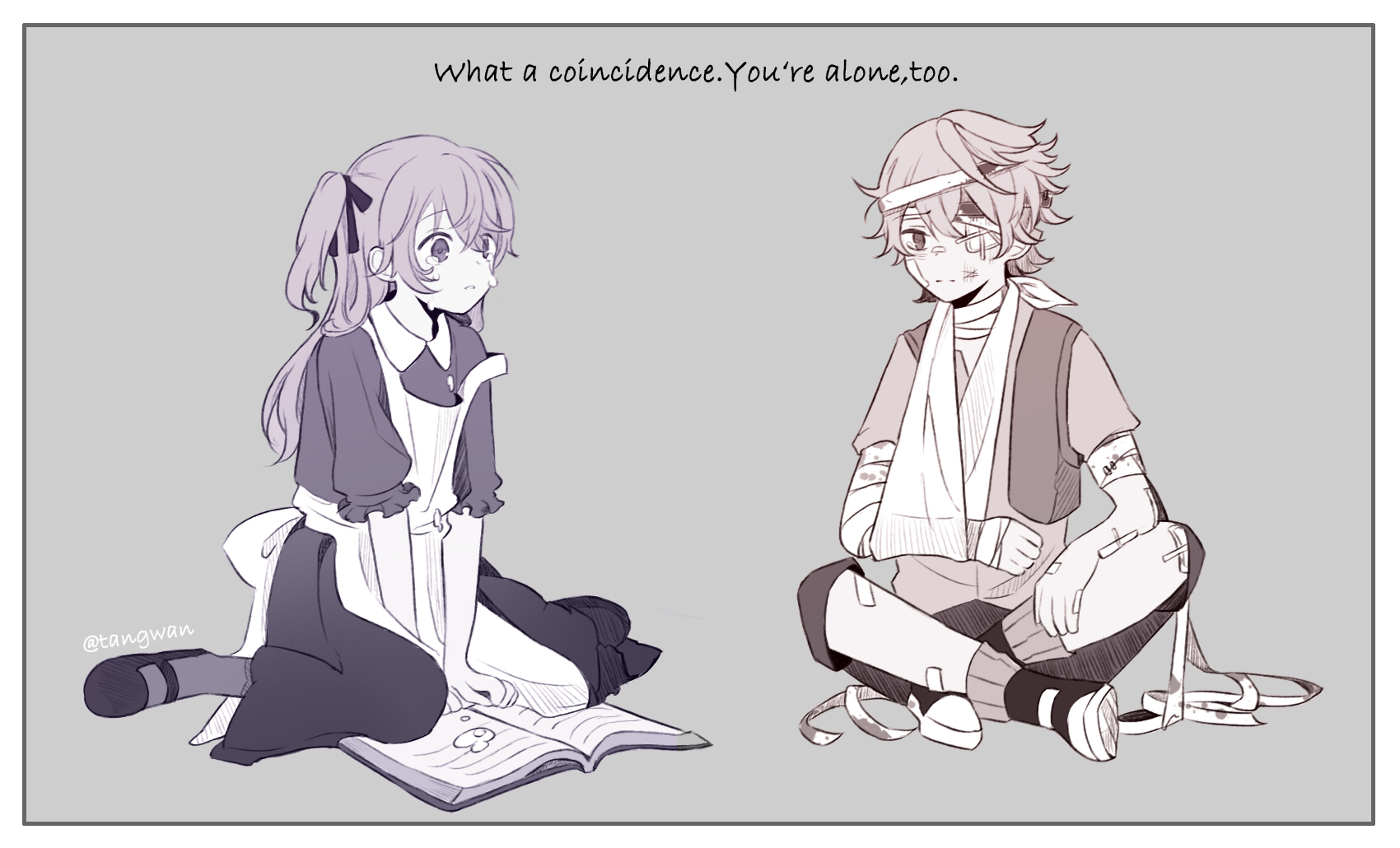 Safebooru - 1boy 1girl apron arm sling arm support artist name back bow bandage over one eye ...