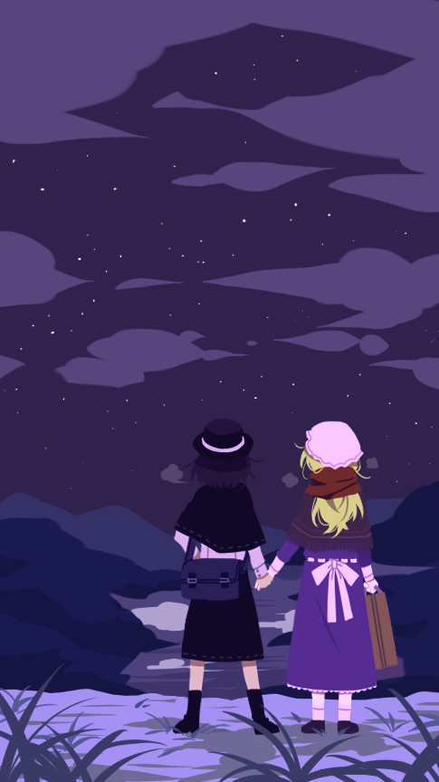 Safebooru - 2girls ankle socks arm at side bag black capelet black headwear black skirt blonde ...