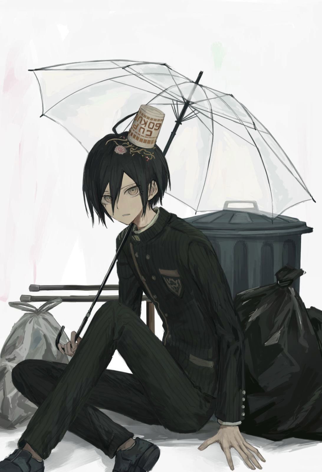 Safebooru - 1boy ahoge arm support bangs black footwear black hair ...