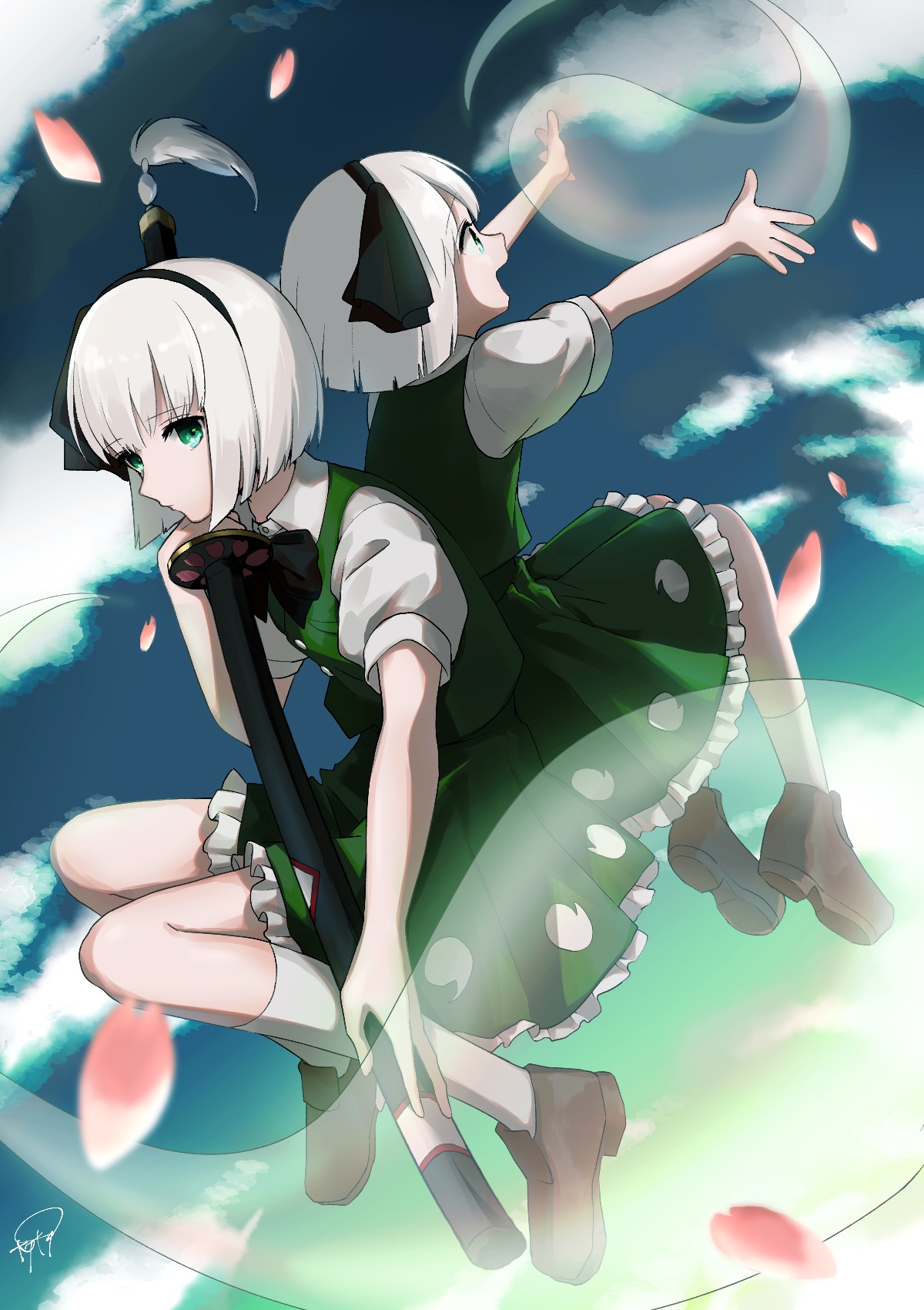 Safebooru - 2girls abstract background back-to-back bangs black bow black hairband black ...