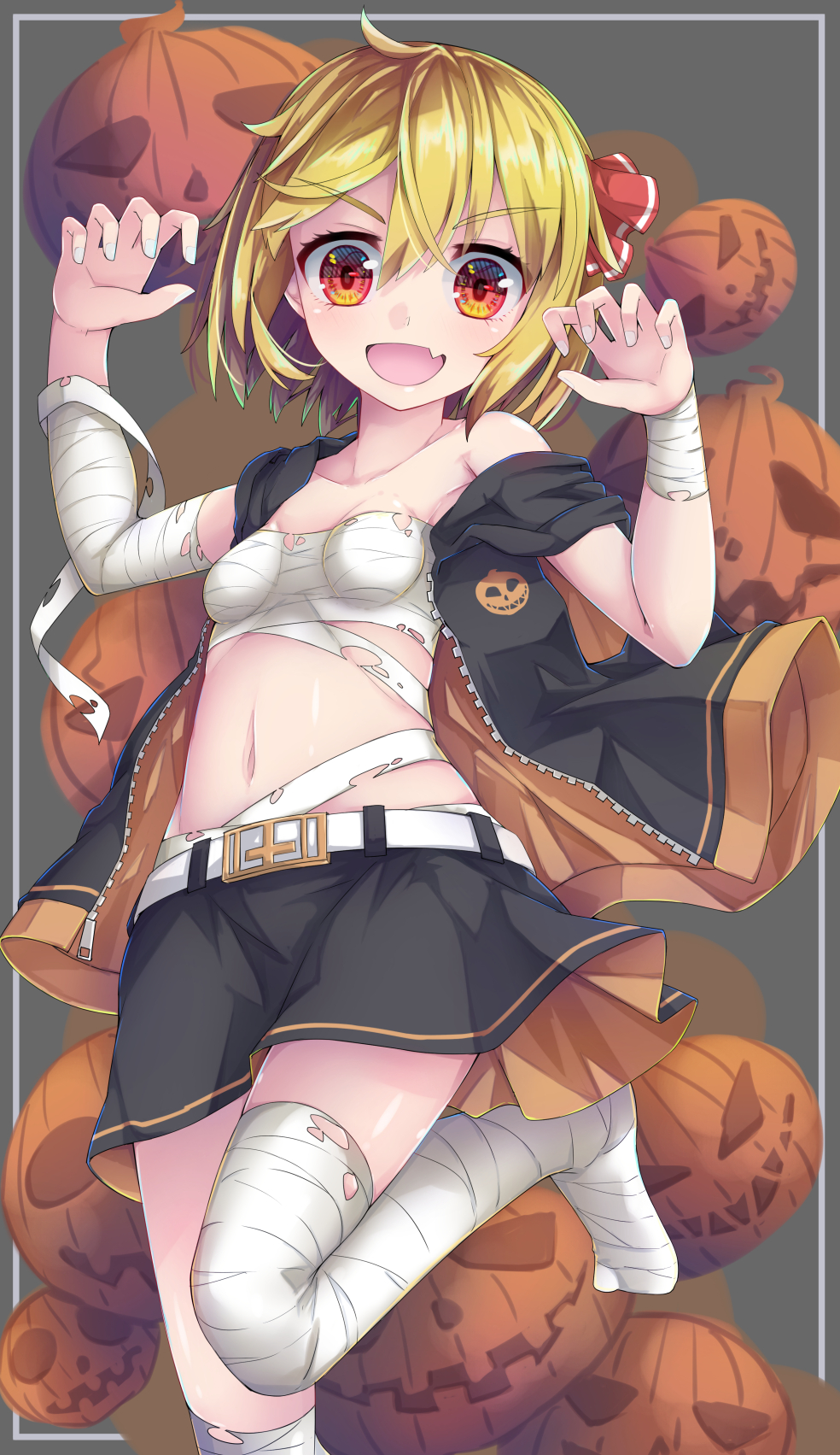 Safebooru - 1girl :d arm up bandaged arm bandaged leg bandages bangs belt belt buckle black ...