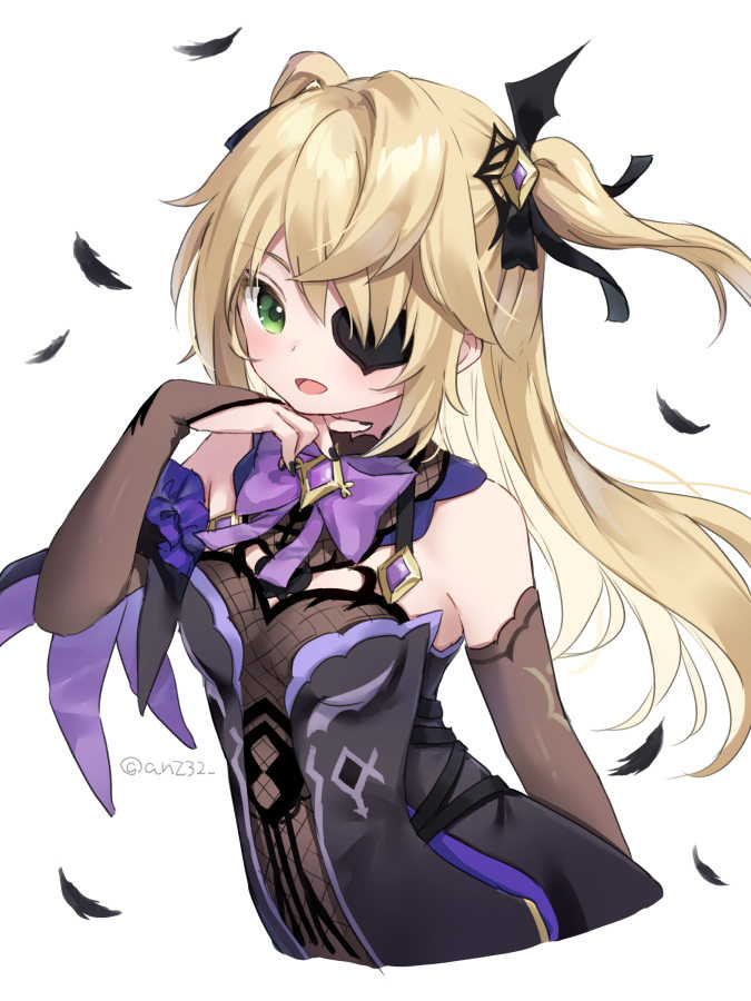 Safebooru - 1girl :d anz32 bangs bare shoulders black bow black feathers blonde hair bow breasts ...