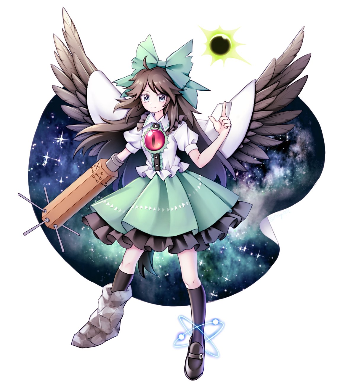 Safebooru - 1girl arm cannon bangs bird wings black feathers black footwear black hair black ...